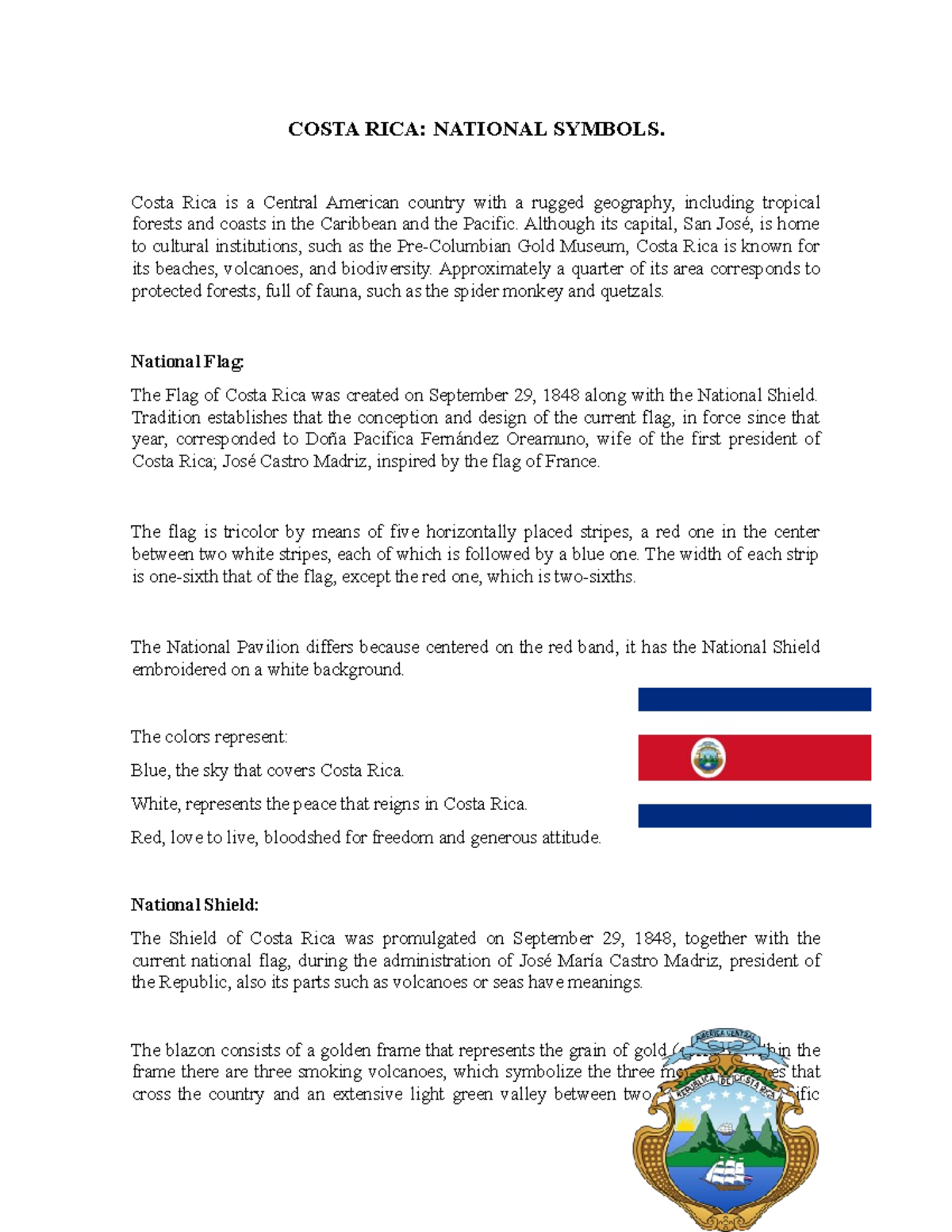 Costa Rica - National Symbols - COSTA RICA: NATIONAL SYMBOLS. Costa ...