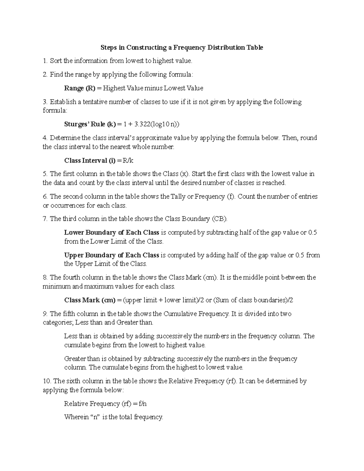 Steps in Constructing a Frequency Distribution - Find the range by ...