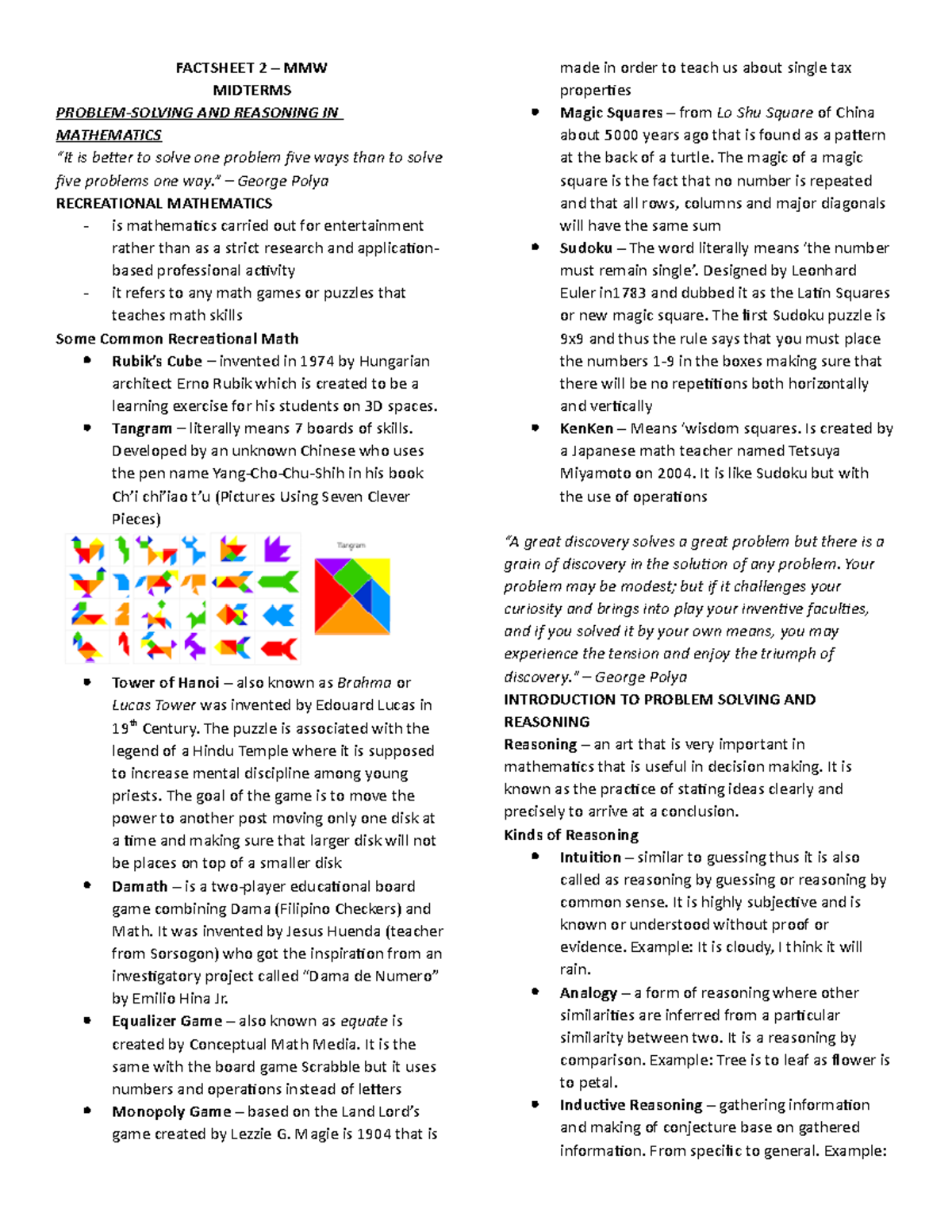 Factsheets 2 - MMW - Lecture notes - FACTSHEET 2 – MMW MIDTERMS PROBLEM ...