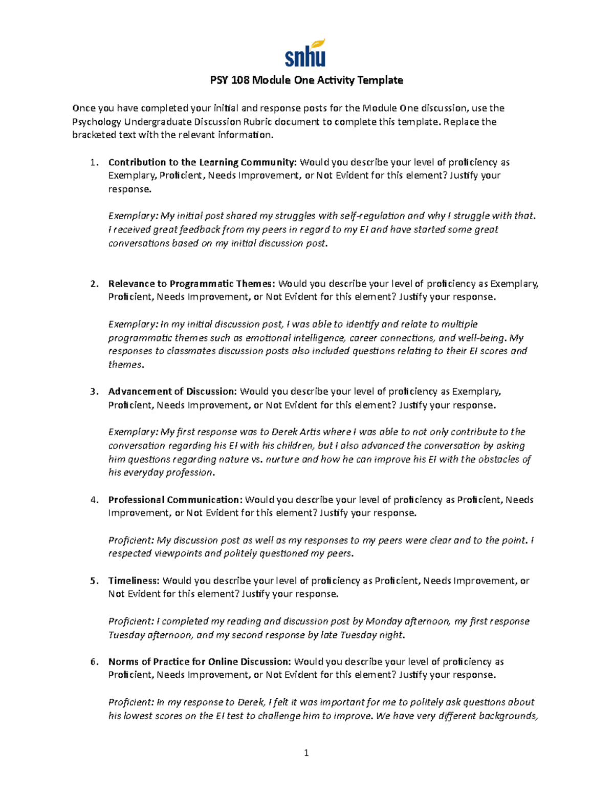 PSY 108 Module One Activity - Replace the bracketed text with the ...