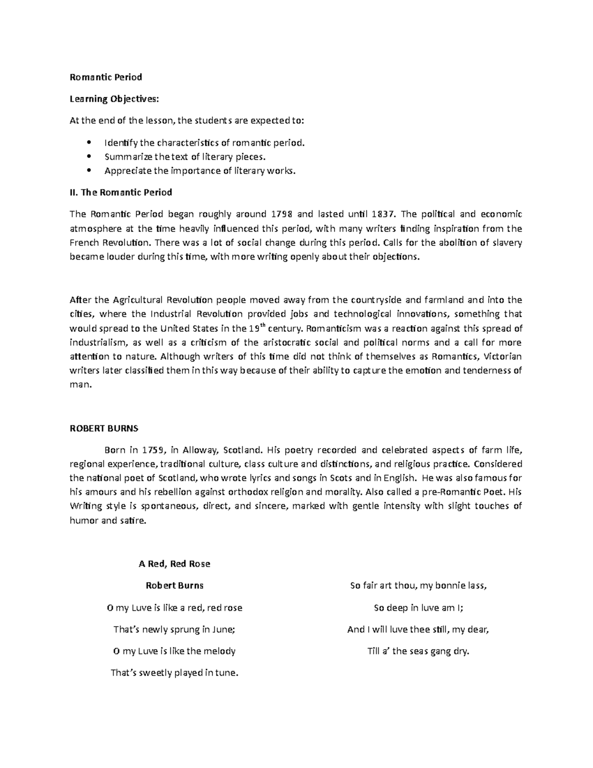 Basa - English. Professor Oestar - Romantic Period Learning Objectives ...