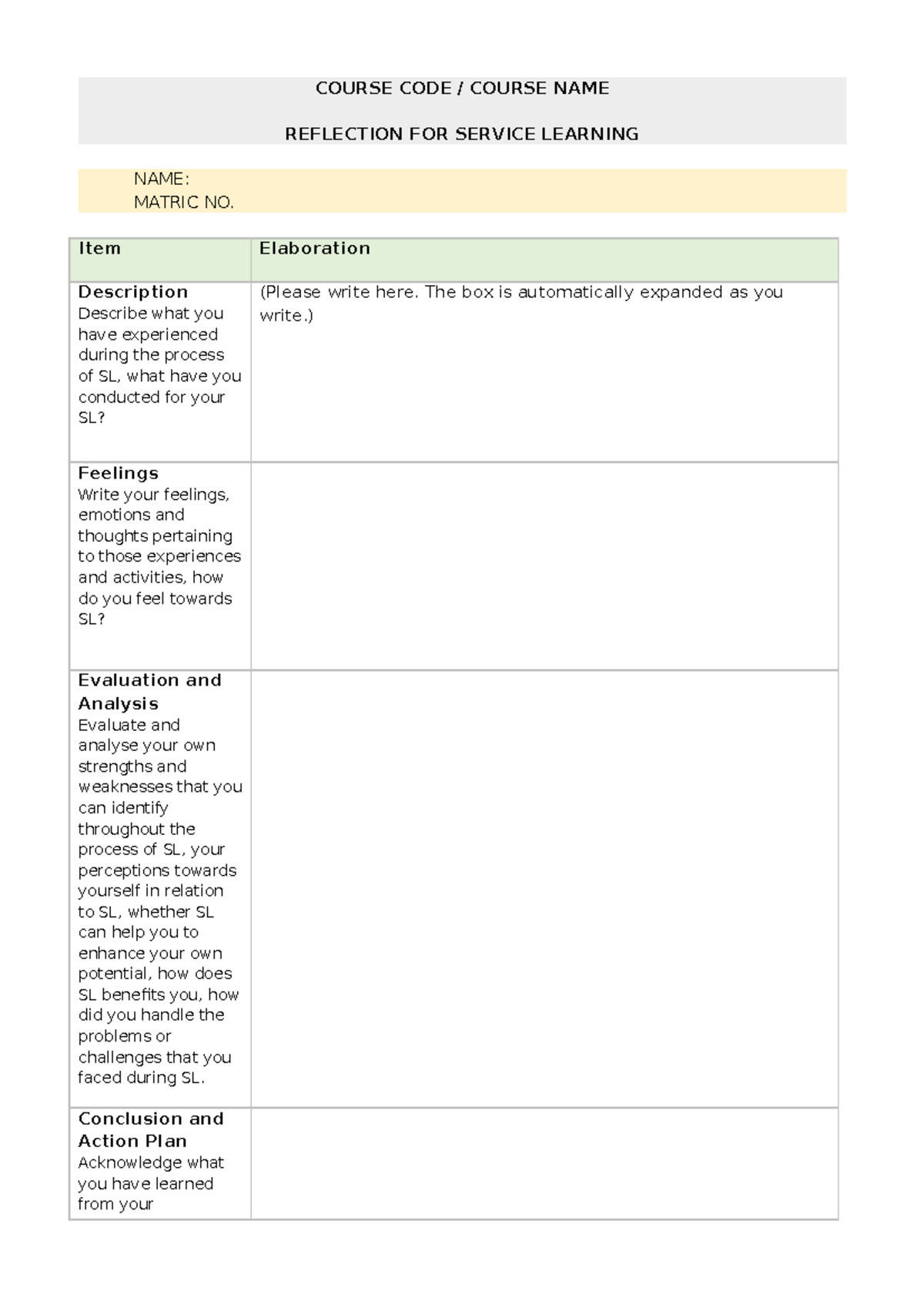 Template for Written Reflection - COURSE CODE / COURSE NAME REFLECTION ...