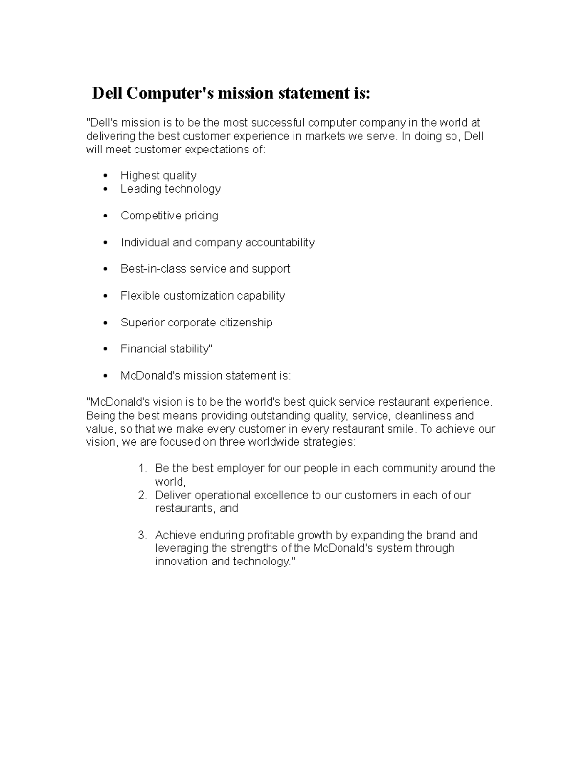 Dell Computer - lecture notes - Dell Computer's mission statement is ...