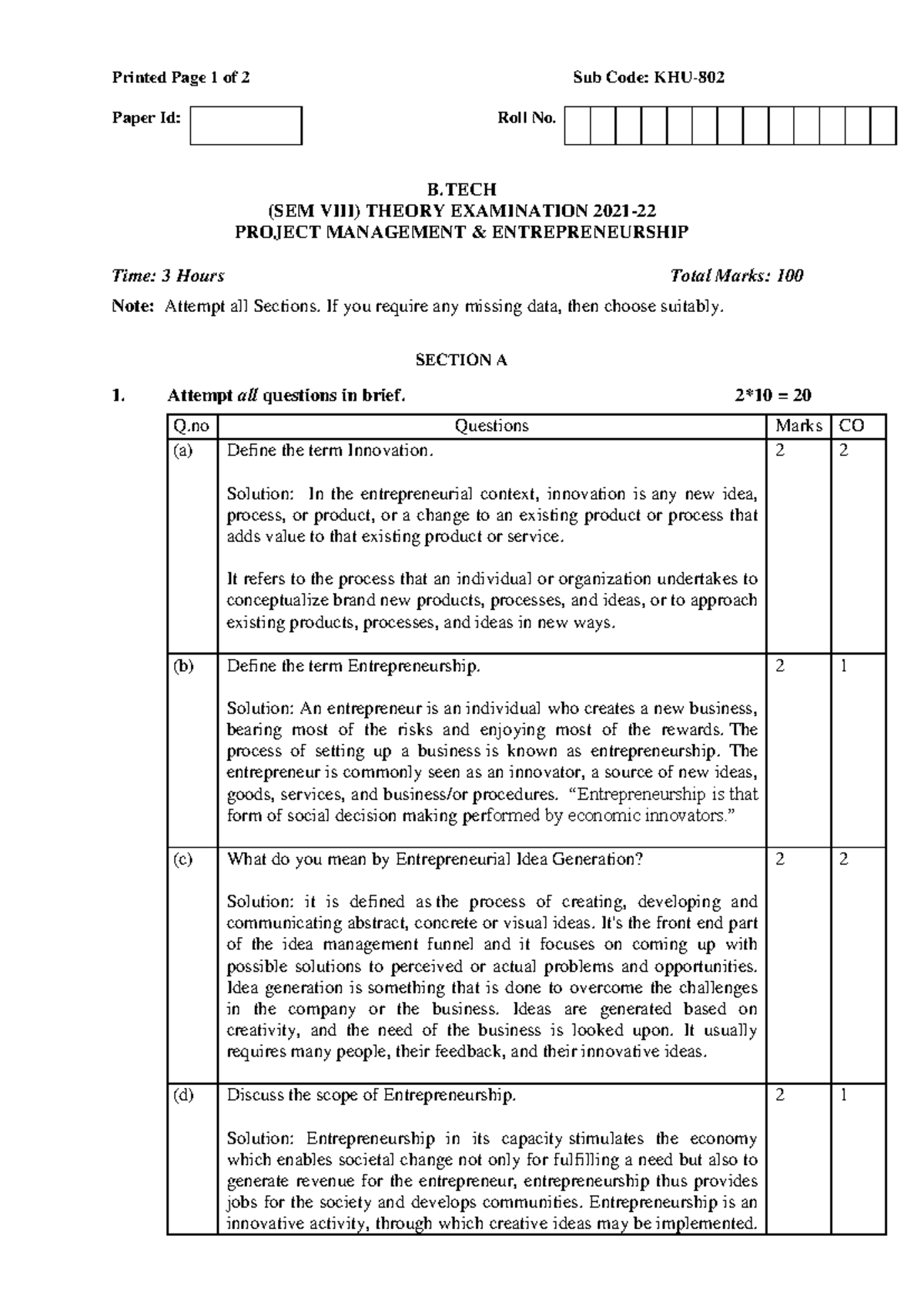 PME AKTU Paper Solution Even Sem 2021-22 - Printed Page 1 of 2 Sub Code ...