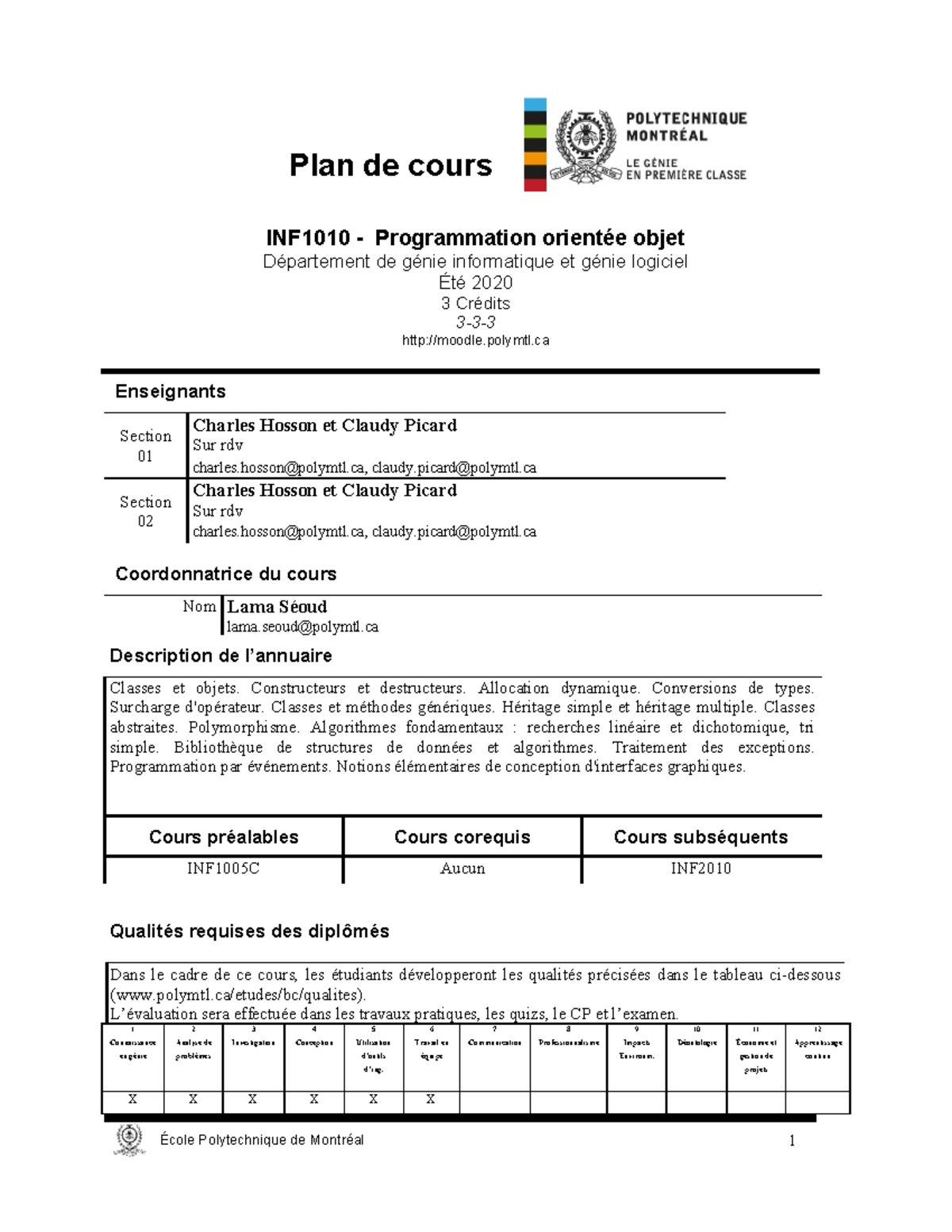 INF1010 Plan de cours - INF1010 - Programmation orientée objet ...
