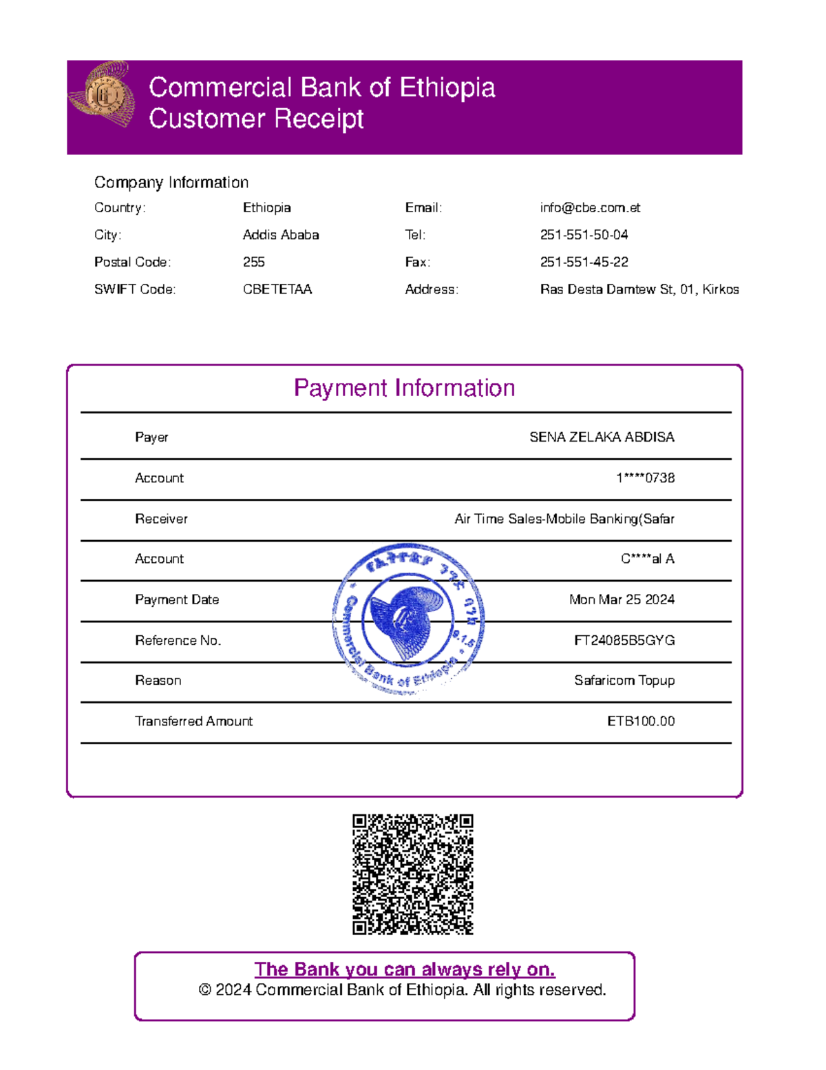 Receipt FT 24085 B5GYG - Commercial Bank of Ethiopia Customer Receipt ...