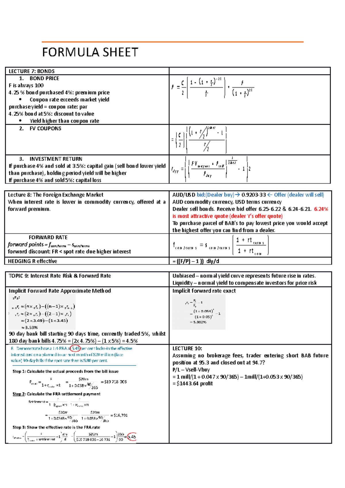 Formula sheet + lecture 7&8 - FORMULA SHEET LECTURE 7: BONDS 1. BOND ...