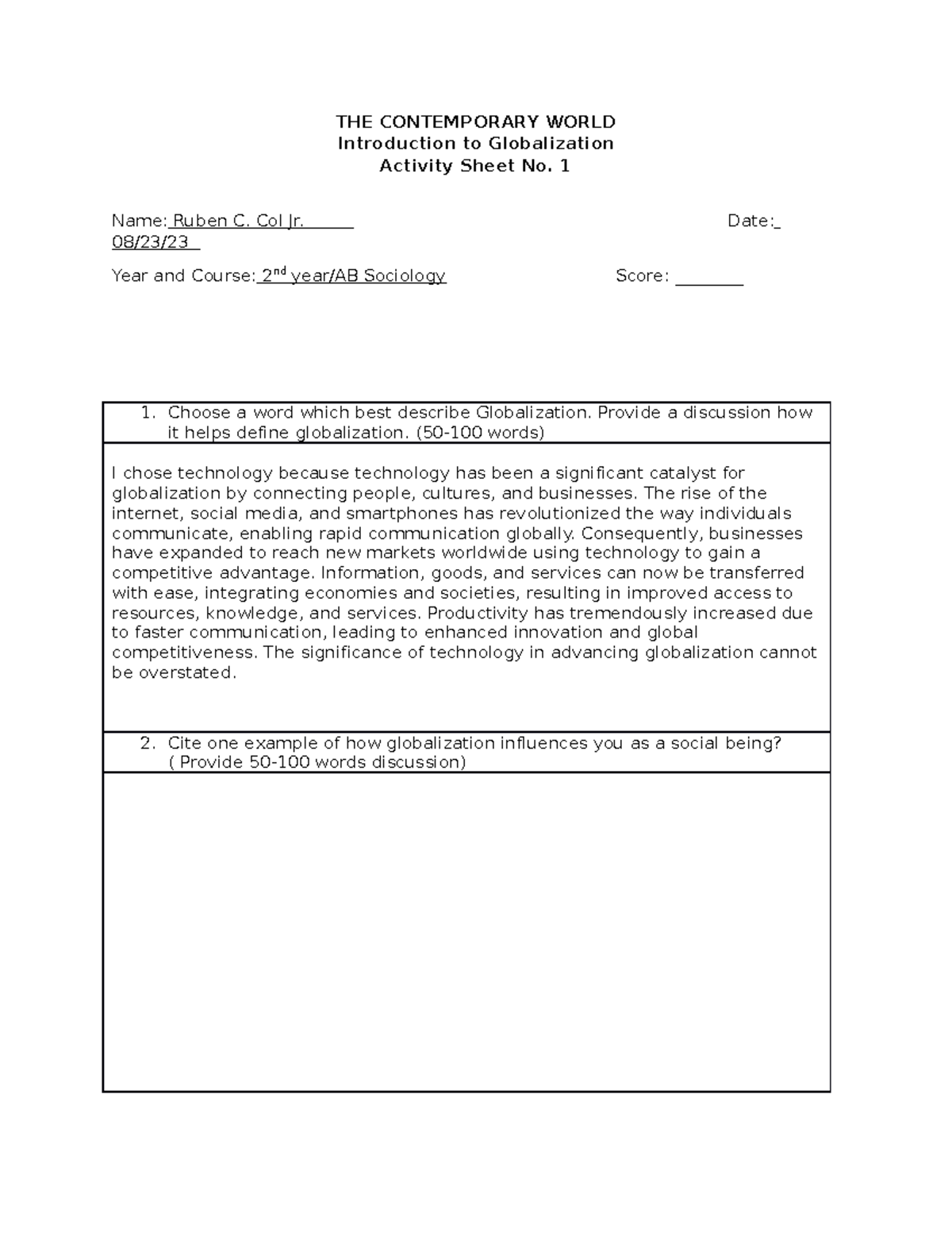 TCW Module 1 Lesson 1 Activity sheet - THE CONTEMPORARY WORLD ...