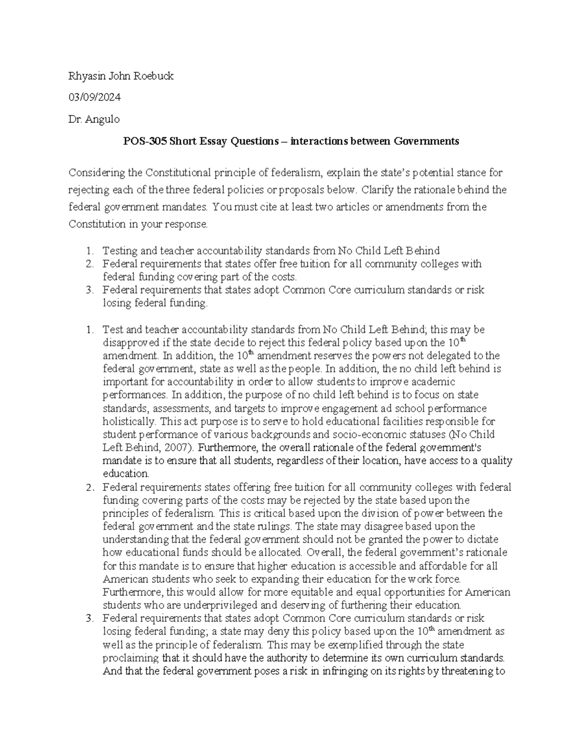 POS-305 Short Essay Questions - Rhyasin John Roebuck 03/09/ Dr. Angulo ...