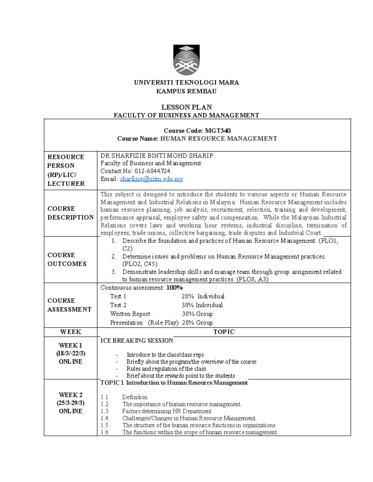 Lesson PLAN MGT340 MAC2024 (1) - UNIVERSITI TEKNOLOGI MARA KAMPUS ...