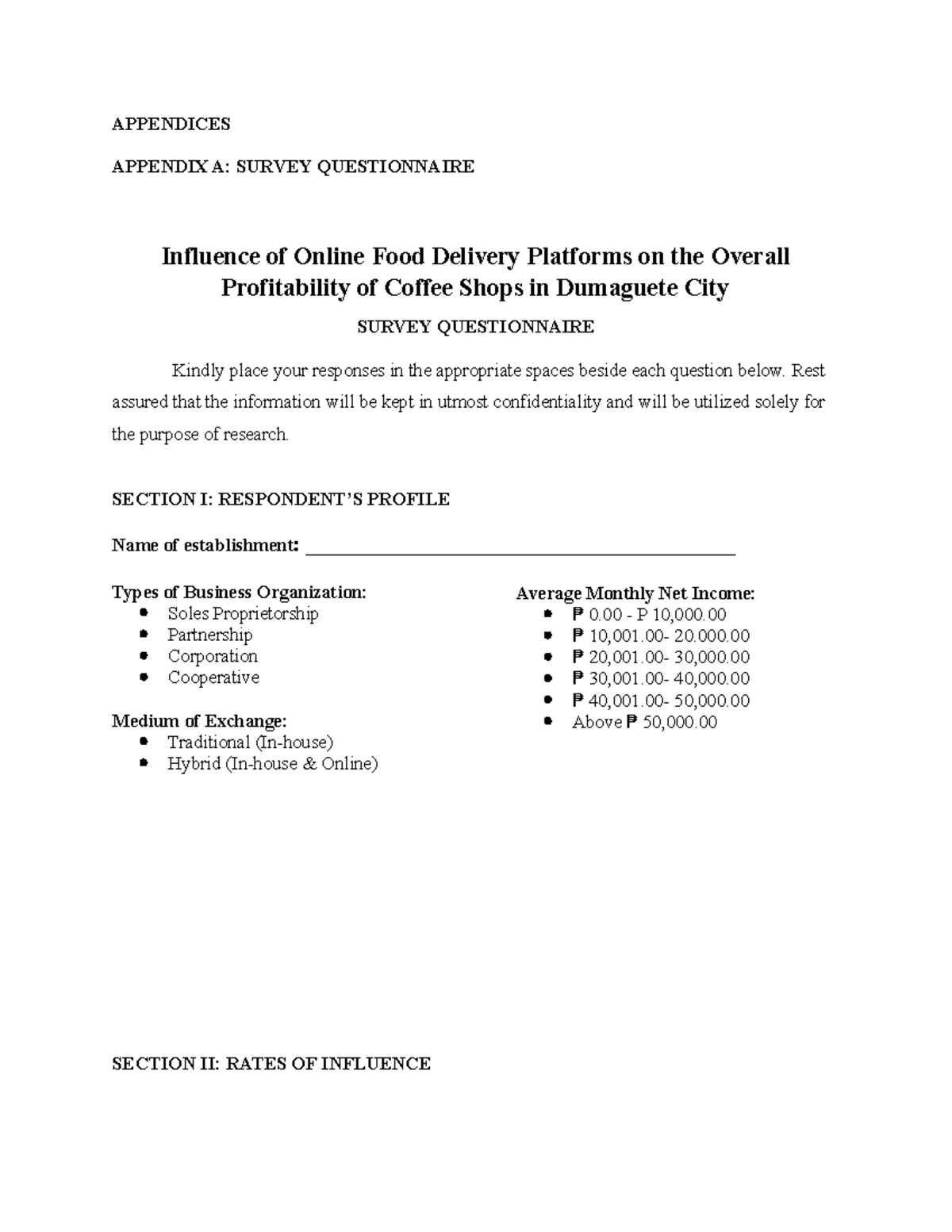 Questionnaire for research survey - APPENDICES APPENDIX A: SURVEY ...