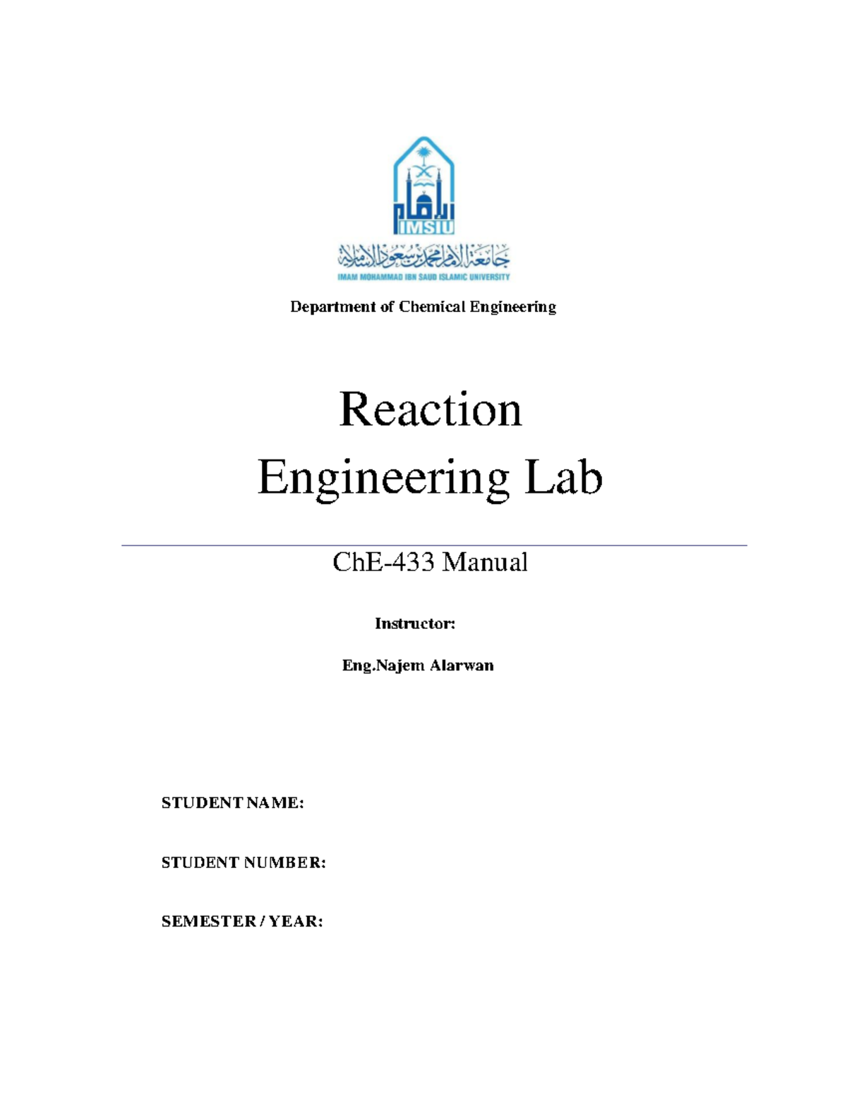 Reaction Lab Manual - cjfkf - Reaction Engineering Lab ChE- 433 Manual ...