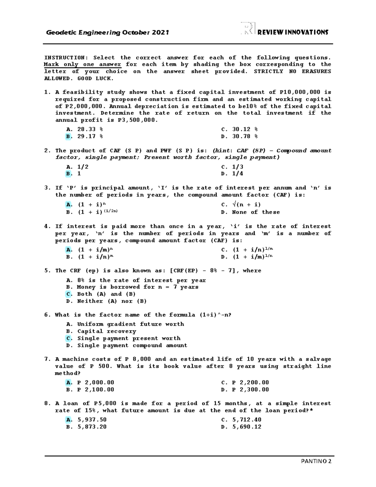 Math 8 - Math Practice Test for Calculus and Geometry - Plane and ...