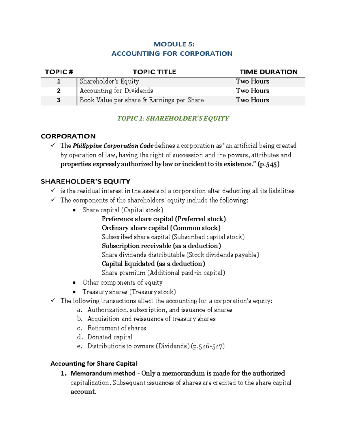 Module 5. Accounting for Corporation - MODULE 5: ACCOUNTING FOR ...