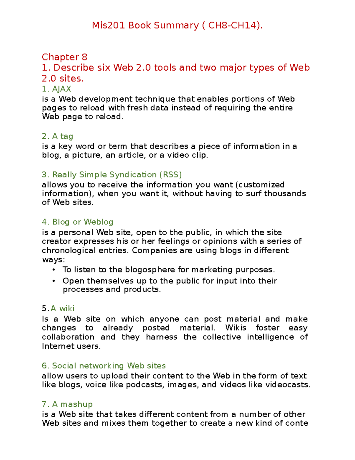 MIS201 Book SummaryChapter summaries from chapter 8 to 14 Management ...