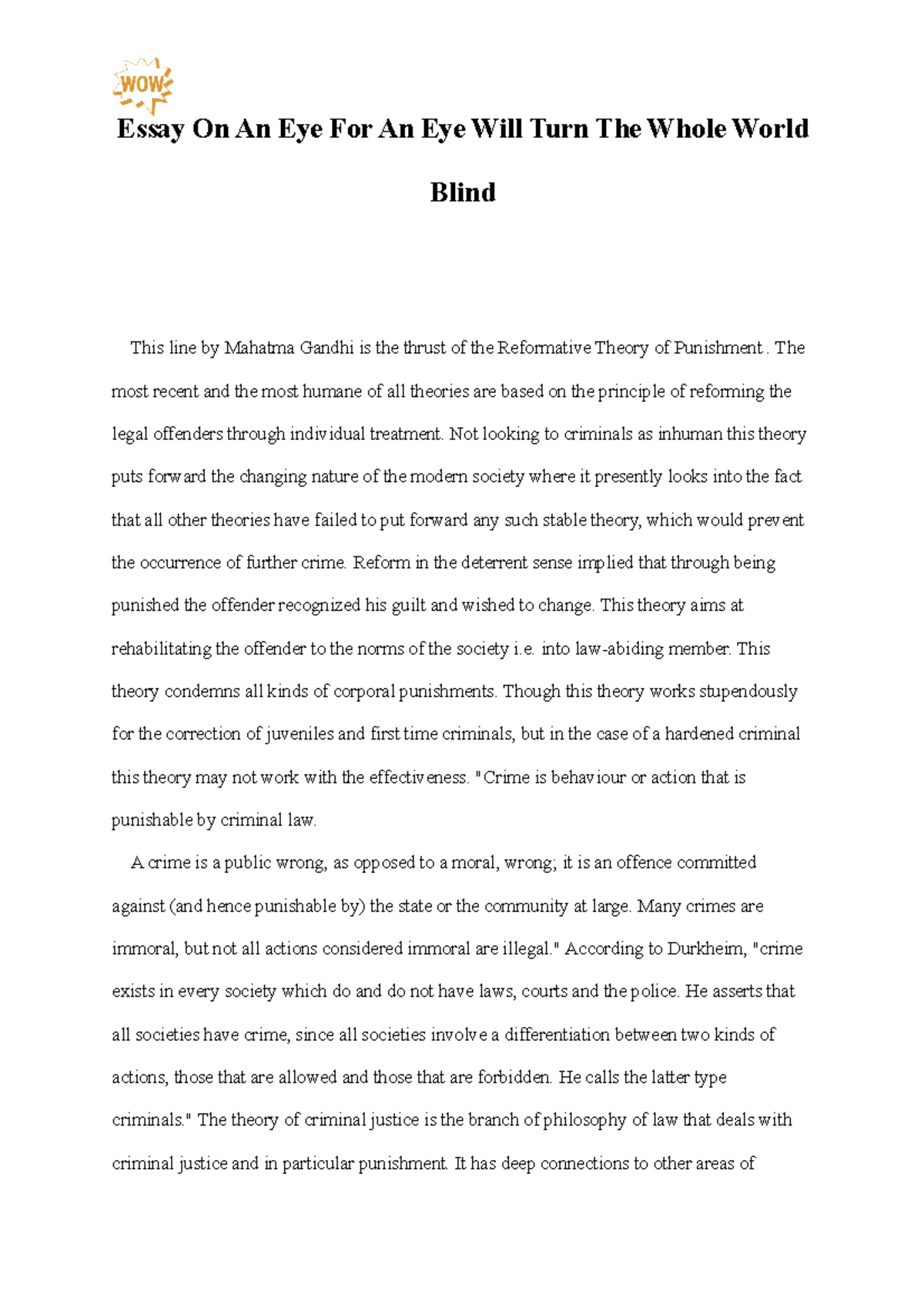 Essay on an eye for an eye will turn the whole world blind [Wow Essays ...