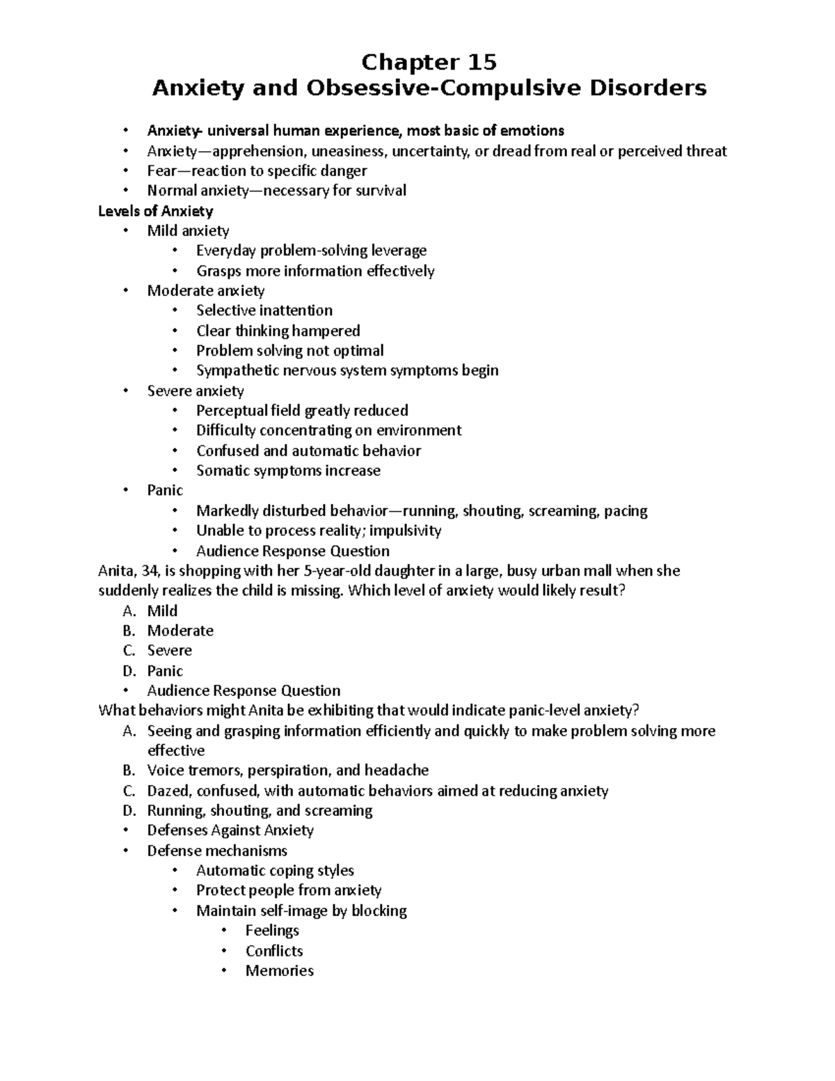 Anxiety - lecture notes - Anxiety and Obsessive-Compulsive Disorders ...