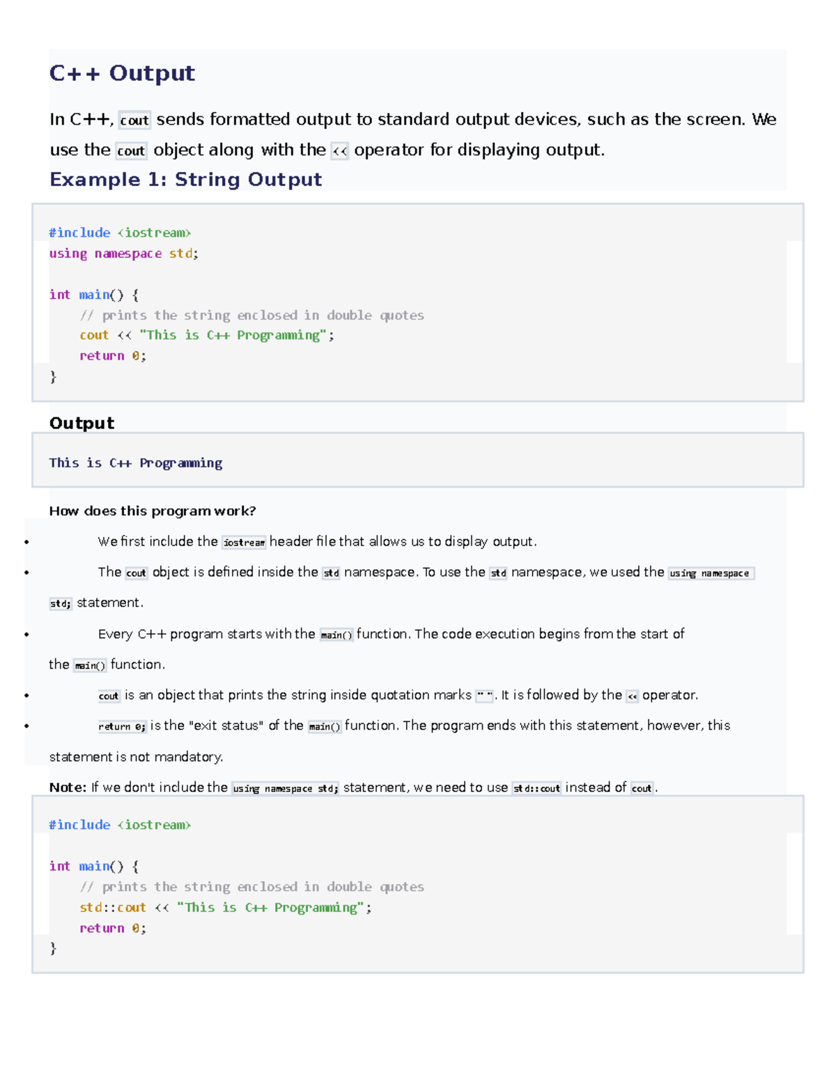 Comp scie - Hwey - C++ Output ####### In C++, cout sends formatted output to standard output ...