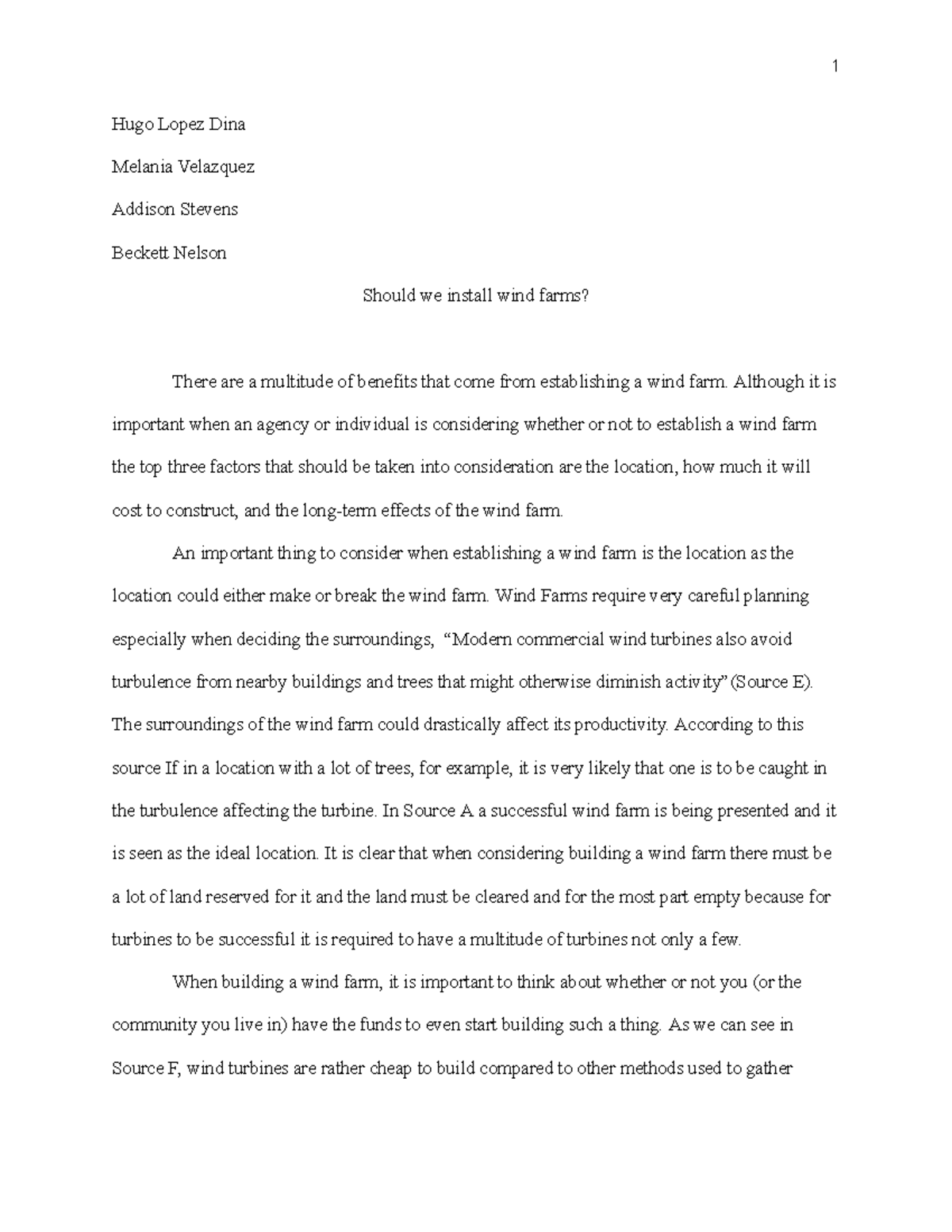 Wind Turbine Essay - 1 Hugo Lopez Dina Melania Velazquez Addison ...