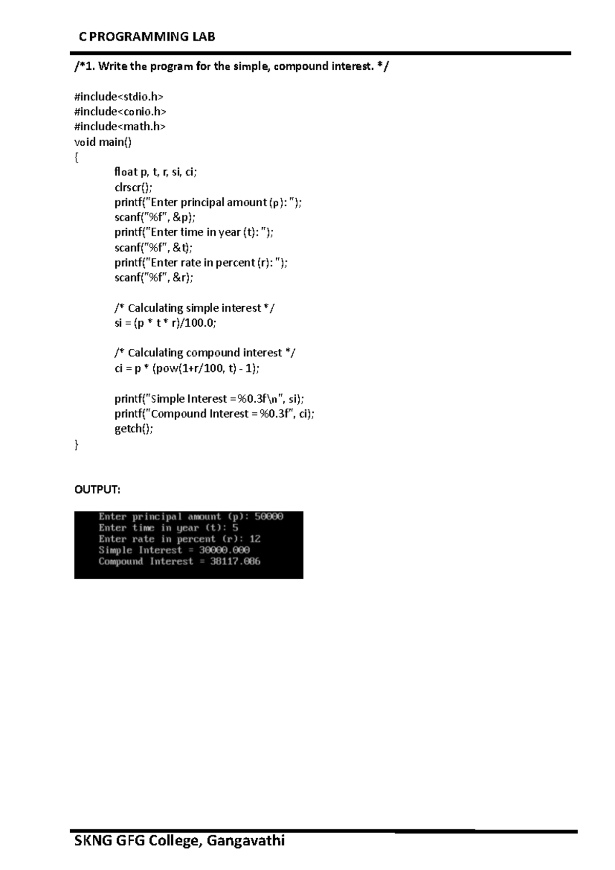 BCA C Lab - /* 1. Write the program for the simple, compound interest. / #include - Studocu