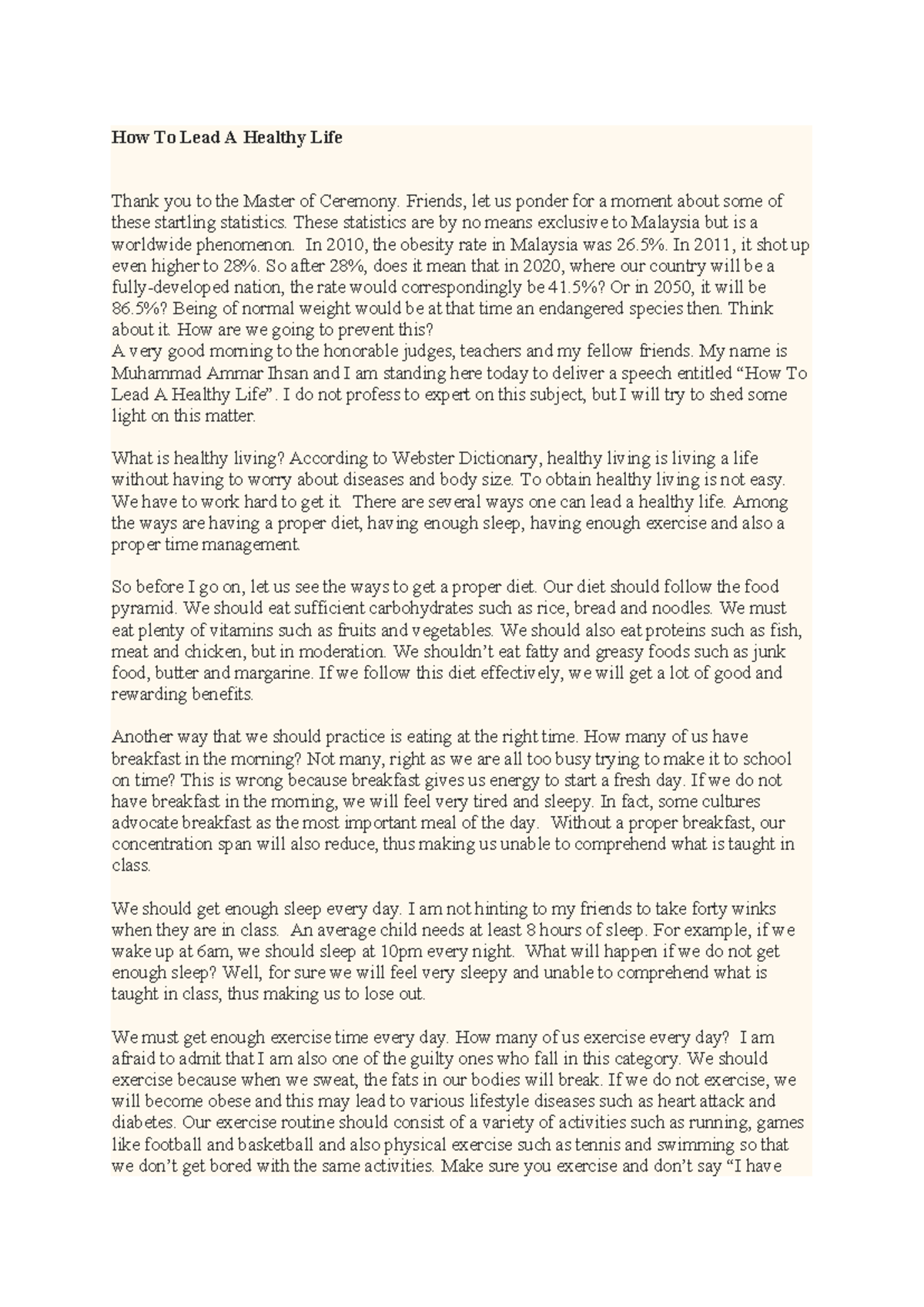 How To Lead A Healthy Life - Public Speaking Text - How To Lead A ...