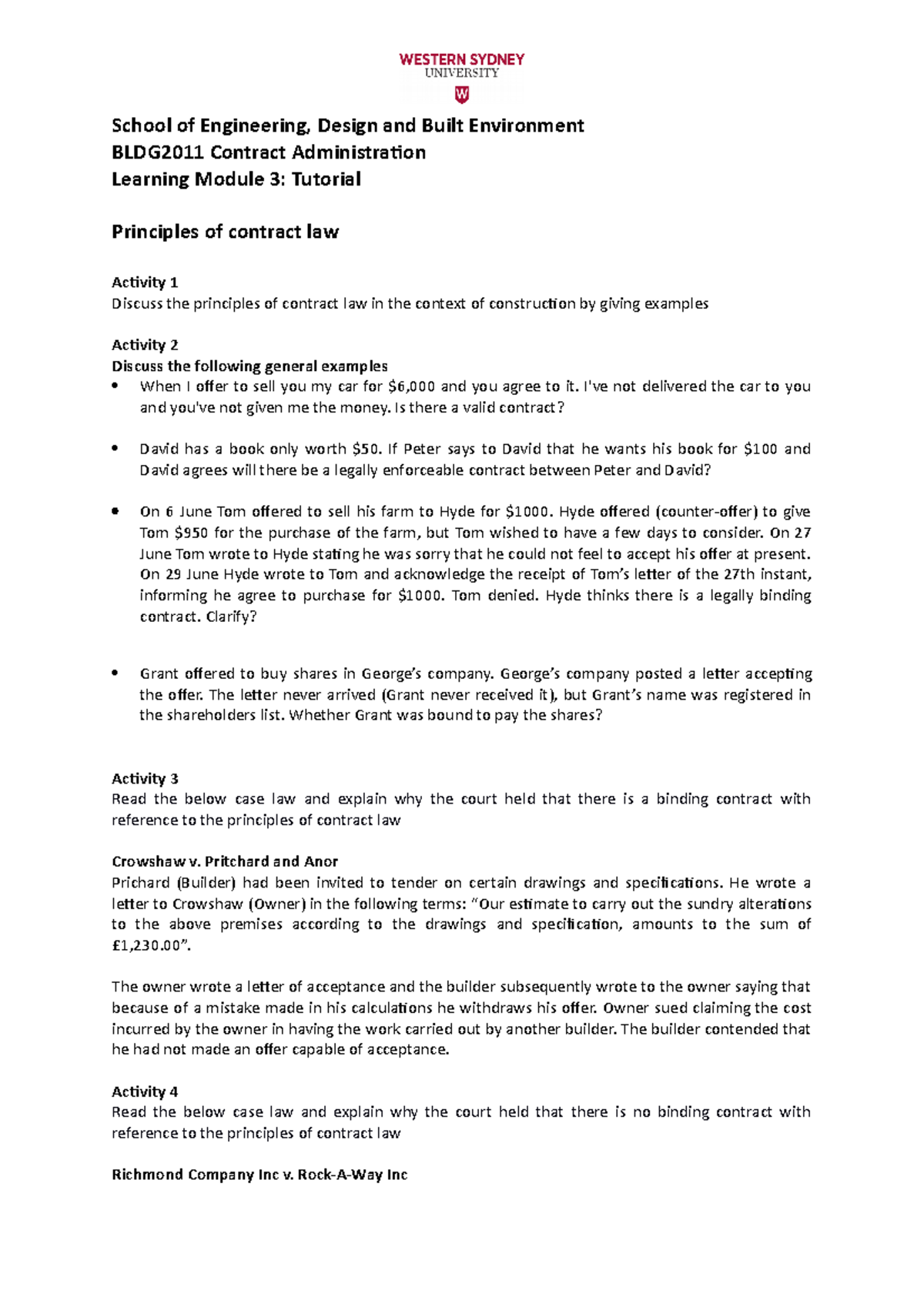 Tutorial question - Building Design Management (3727) - School of ...
