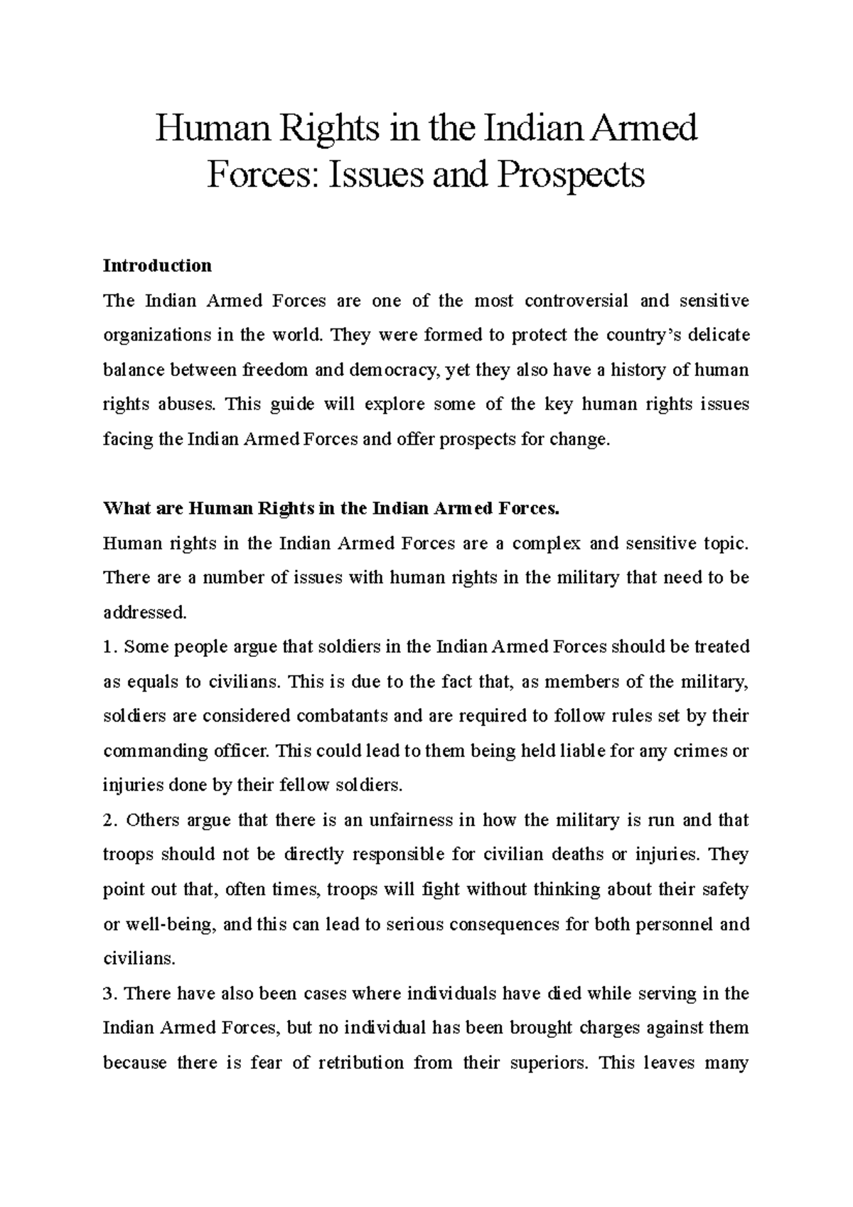 Human Rights in the Indian Armed Forces Issues and Prospects - Human ...