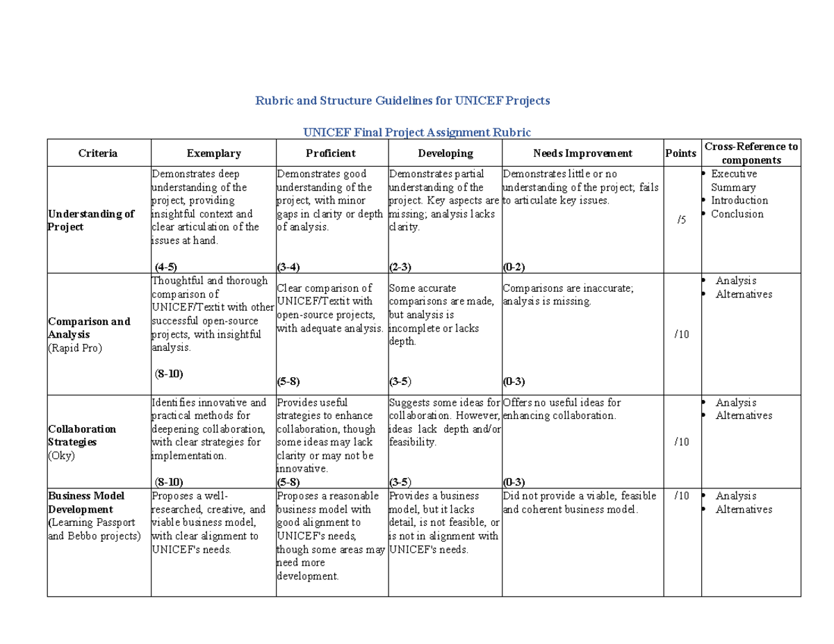 Rubric and Structure Guidelines for Final Assignment ( Unicef Project ...