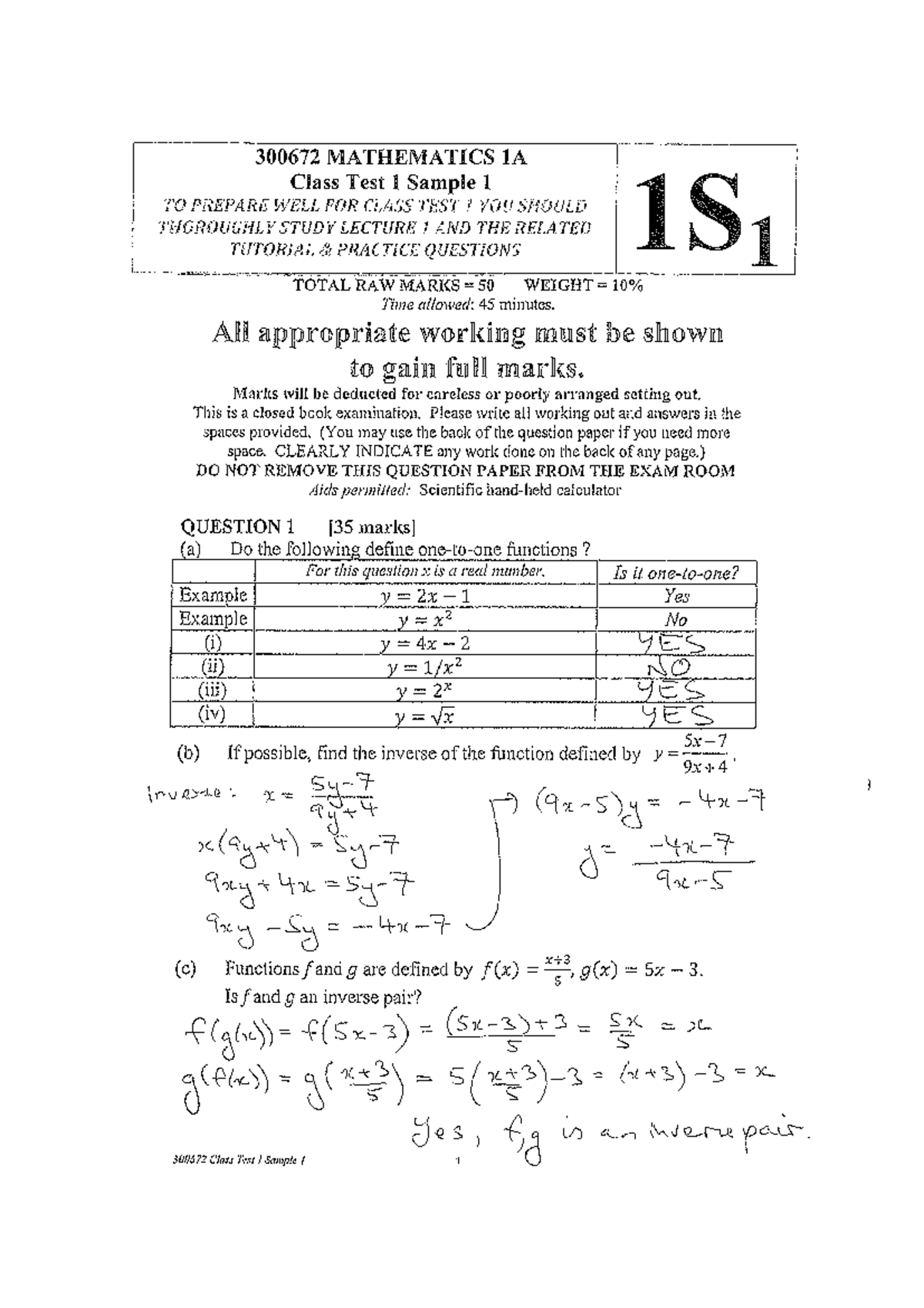 300672 Mathematics 1A Class Test 1 Sample 1 Solutions pdf A17 - 300672 ...