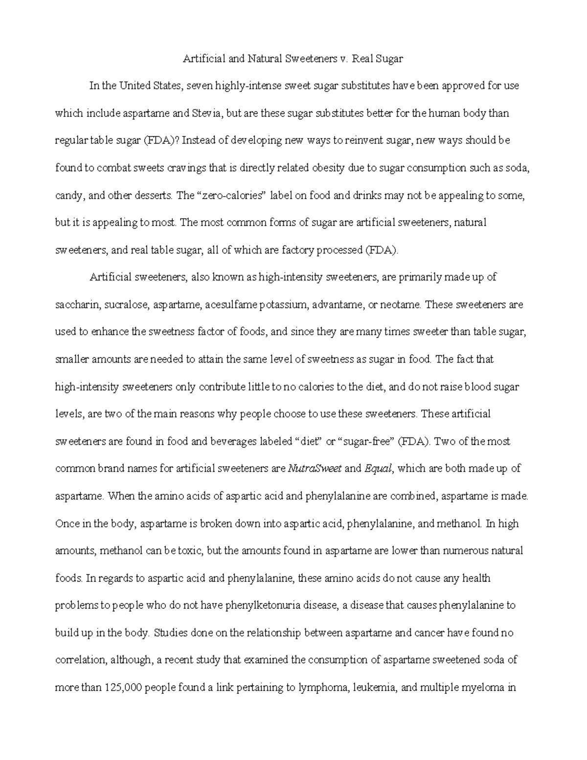 Sugar Research Paper - Grade: A+ - Artificial and Natural Sweeteners v ...