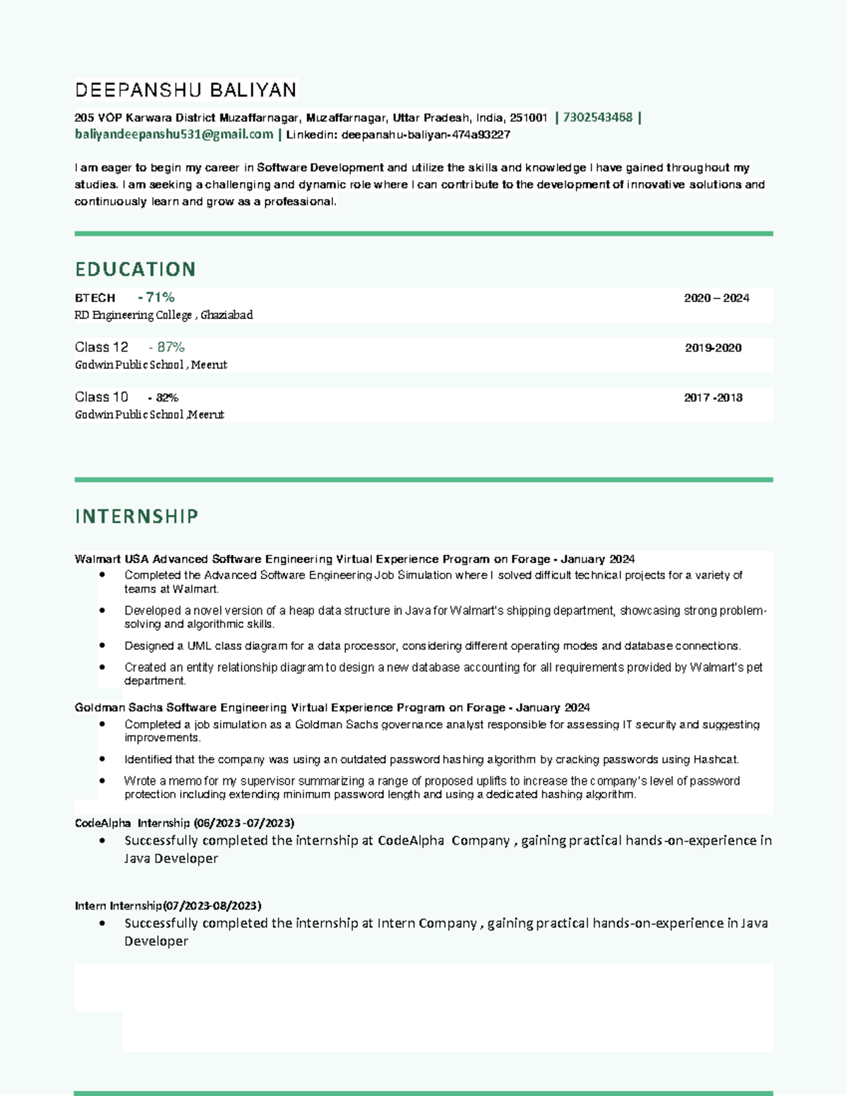 Deepanshu Baliyan Resume - DEEPANSHU BALIYAN 205 VOP Karwara District Muzaffarnagar ...