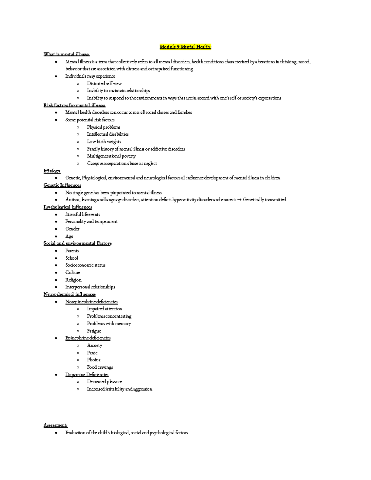Peds Module 9 Notes - Module 9 Mental Health: What is mental illness ...