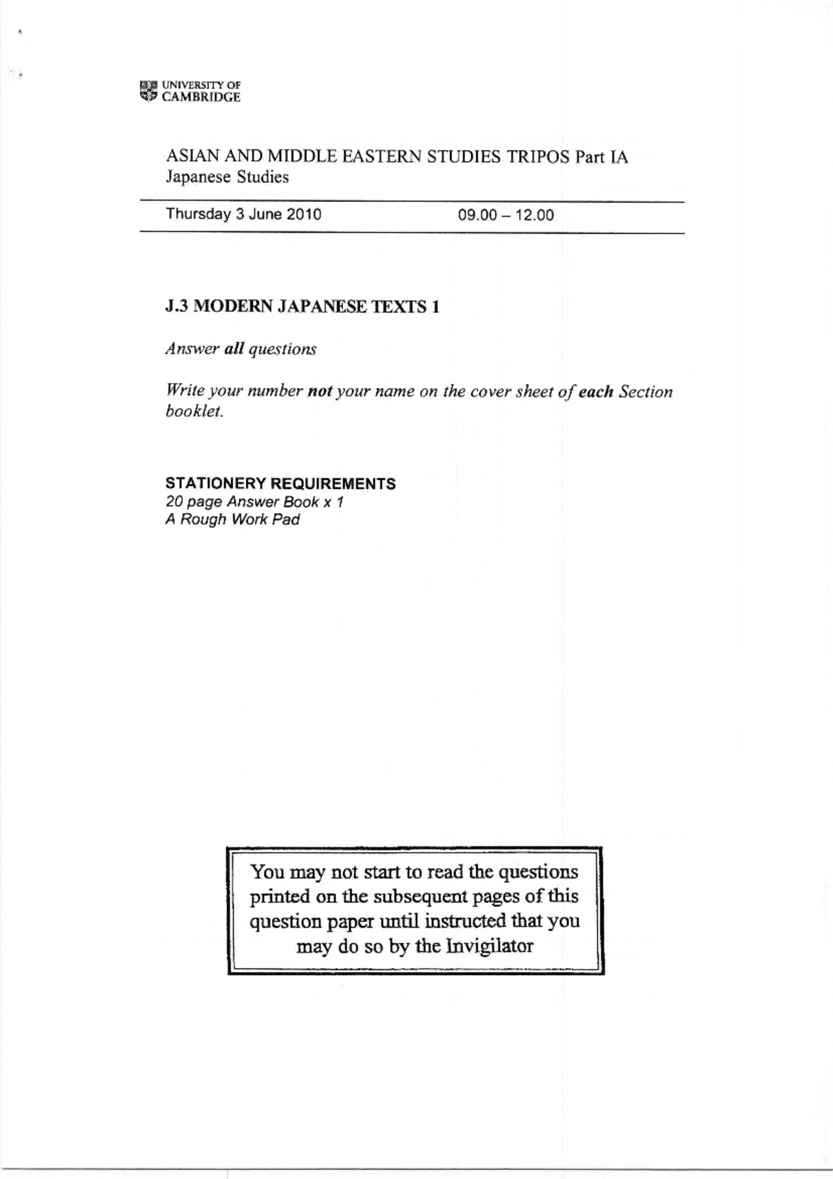Exam 2010, questions - Exam 1 - UNIVERSITY OF CAMBRIDGE ASIAN AND ...