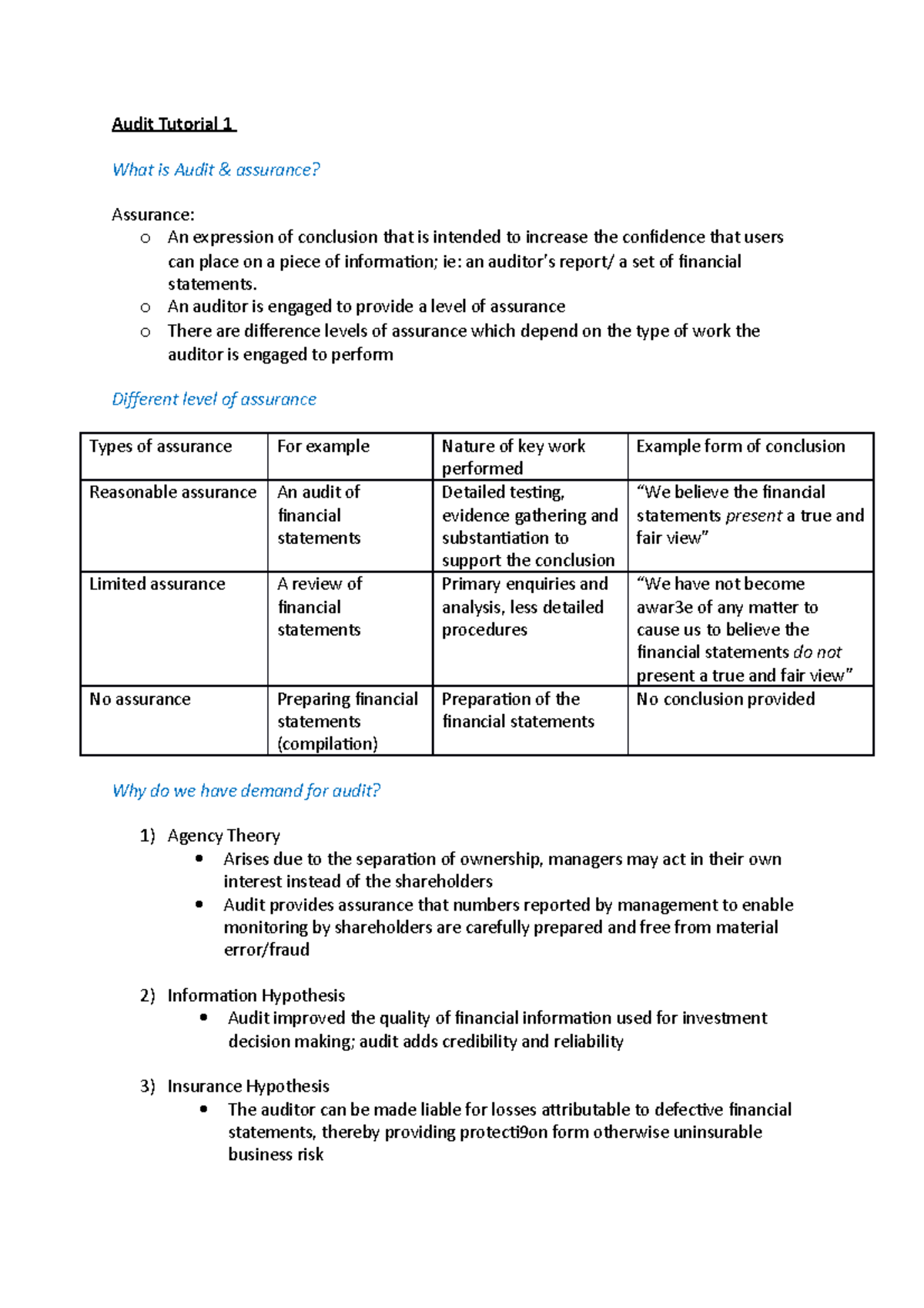 Audit Tutorial 1 ANS - Audit Tutorial 1 What is Audit & assurance ...