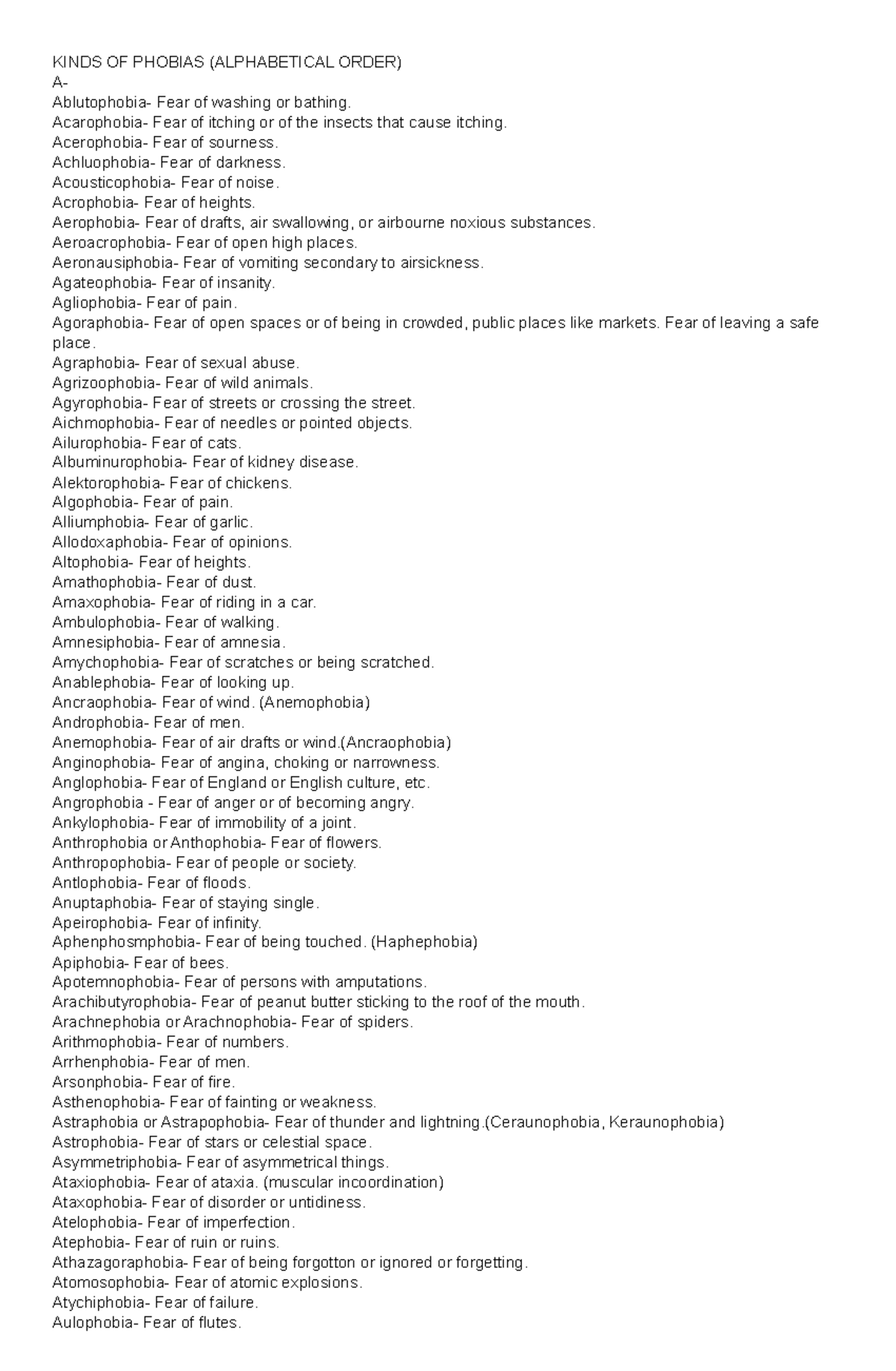 Kinds OF Phobias - Lecture notes 1 - KINDS OF PHOBIAS (ALPHABETICAL ...
