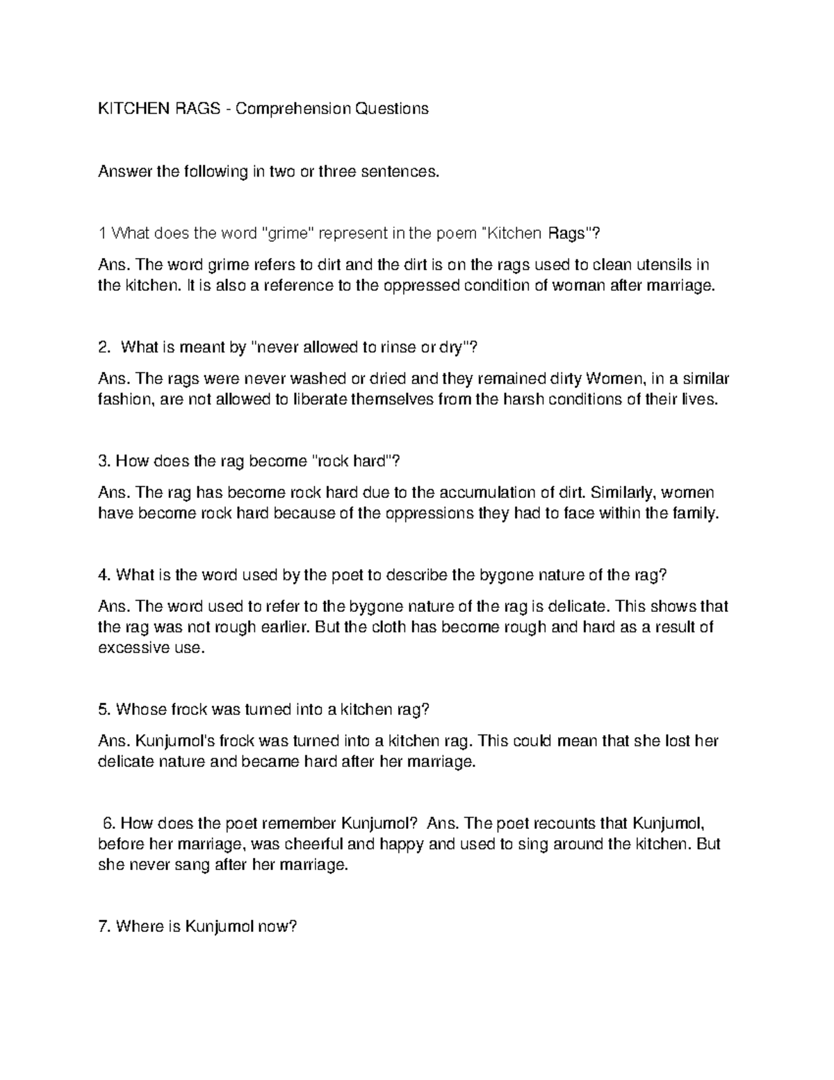 Kitchen RAGS - Comprehension Questions - KITCHEN RAGS - Comprehension ...