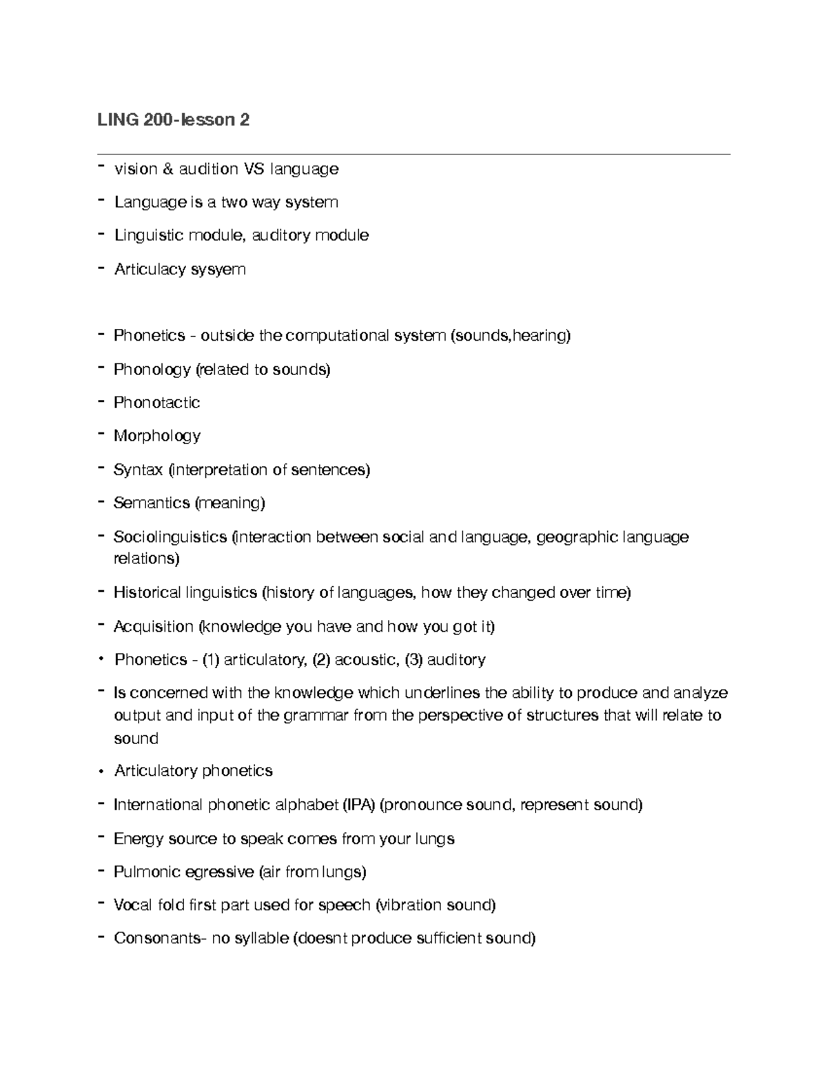 LING 200 notes - LING 200-lesson 2 - vision & audition VS language ...
