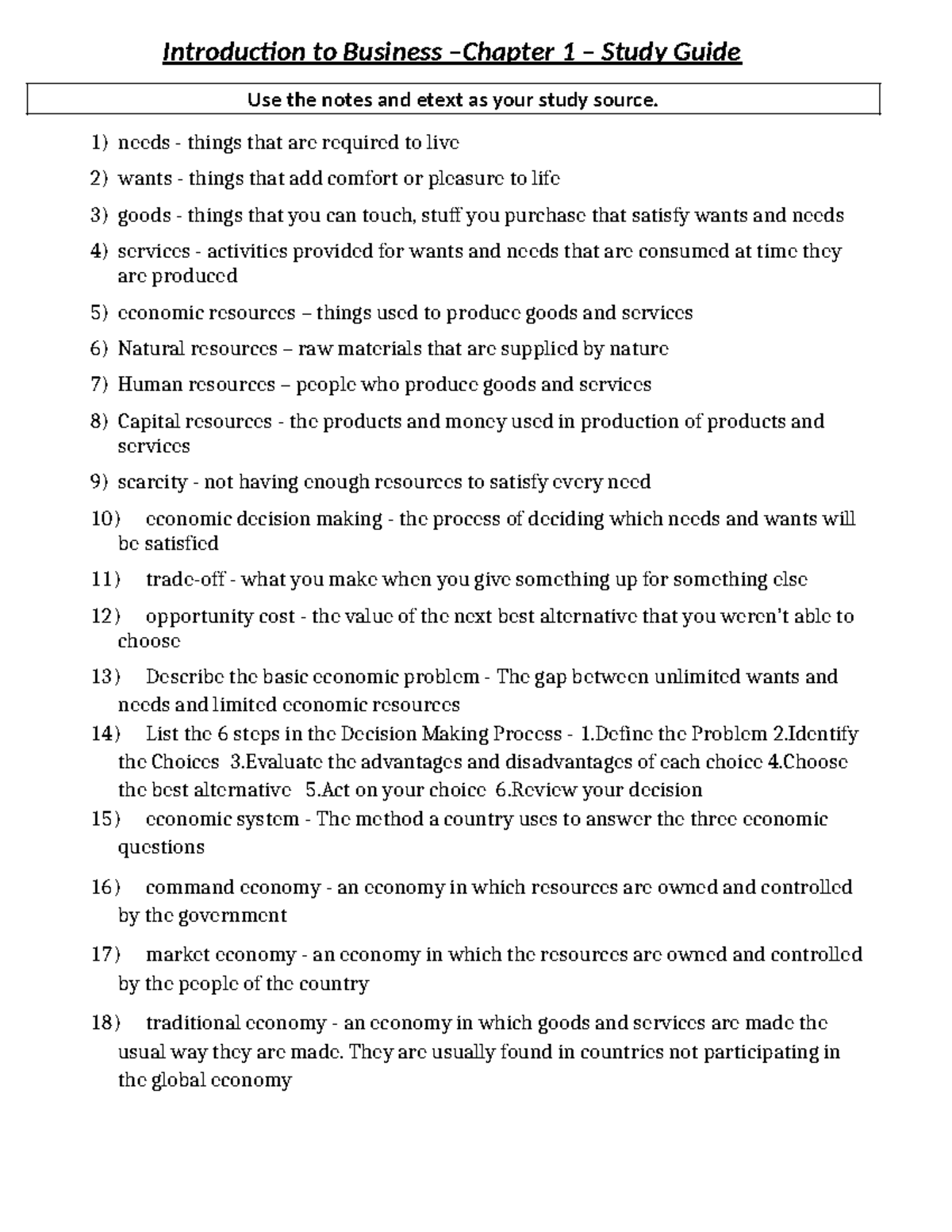 Ch 1 Study Guide - Introduction to Business –Chapter 1 – Study Guide ...