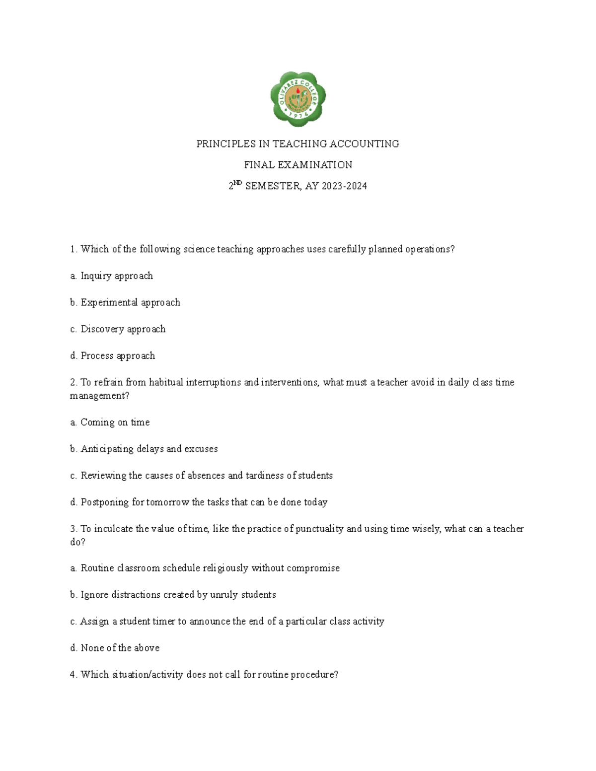 Principles IN Teaching Accounting Final EXAM - PRINCIPLES IN TEACHING ...