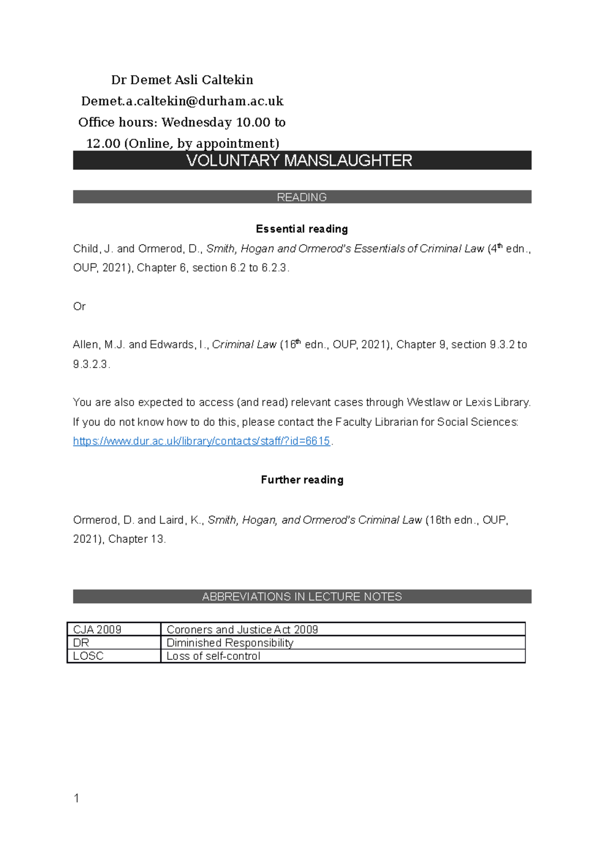 Handout Voluntary Manslaughter Dr Demet Asli Caltekin Demet A Durham