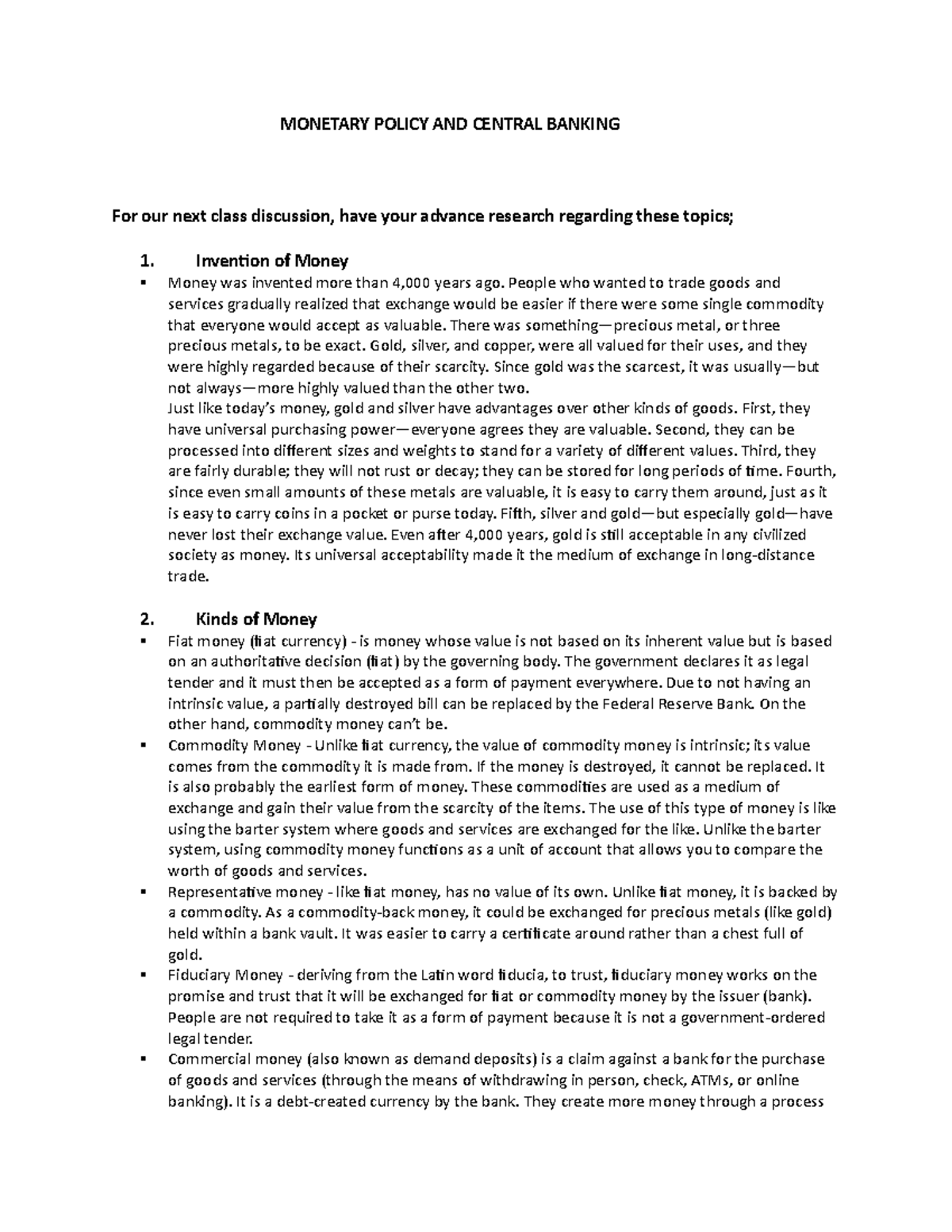 Monetary Policy- Money - MONETARY POLICY AND CENTRAL BANKING For our ...