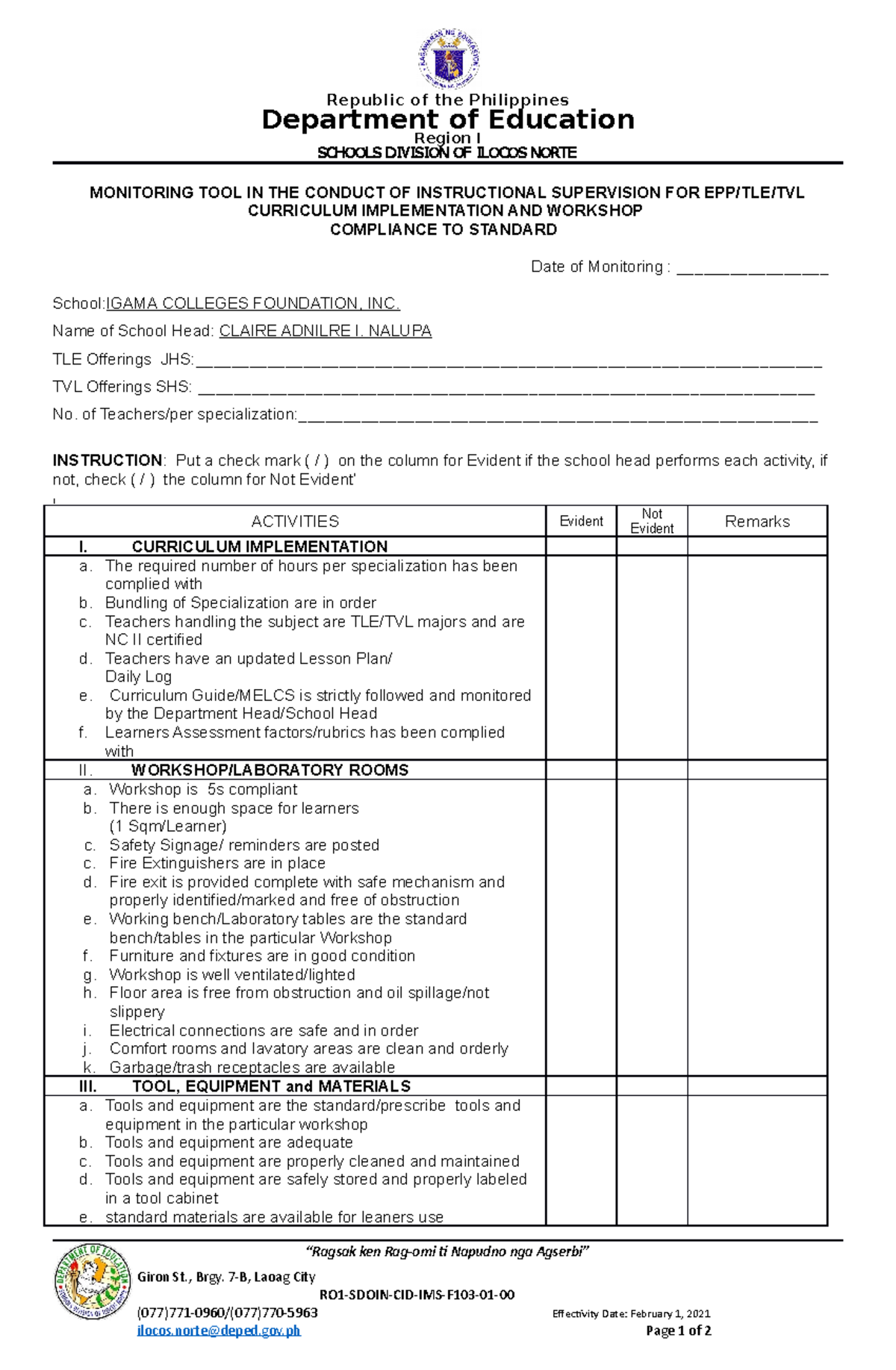 Monitoring Tool for Epptle Workshop - Republic of the Philippines ...