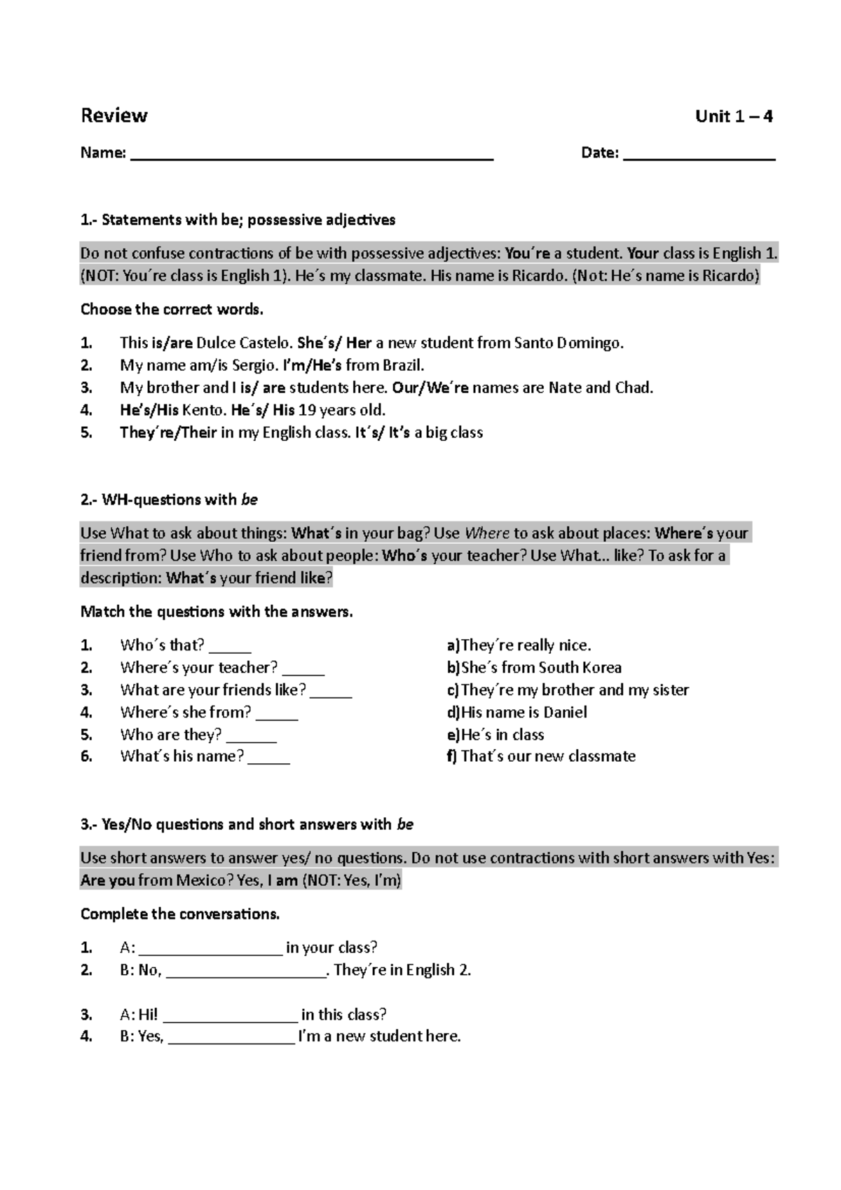 Repaso 1-4 - Review Unit 1 – 4 Name ...