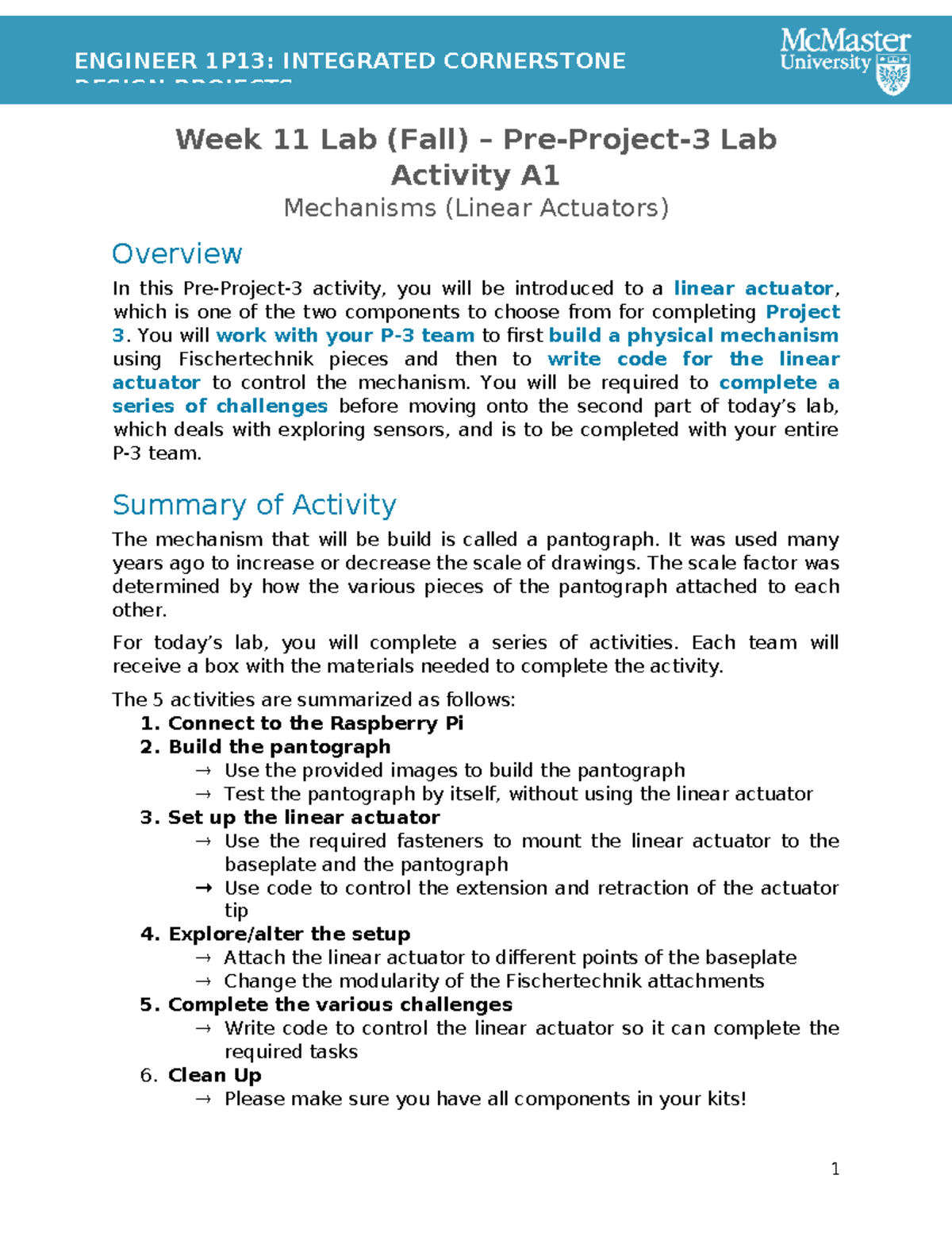 Linear Actuator Activity Instructions - DESIGN PROJECTS Week 11 Lab ...