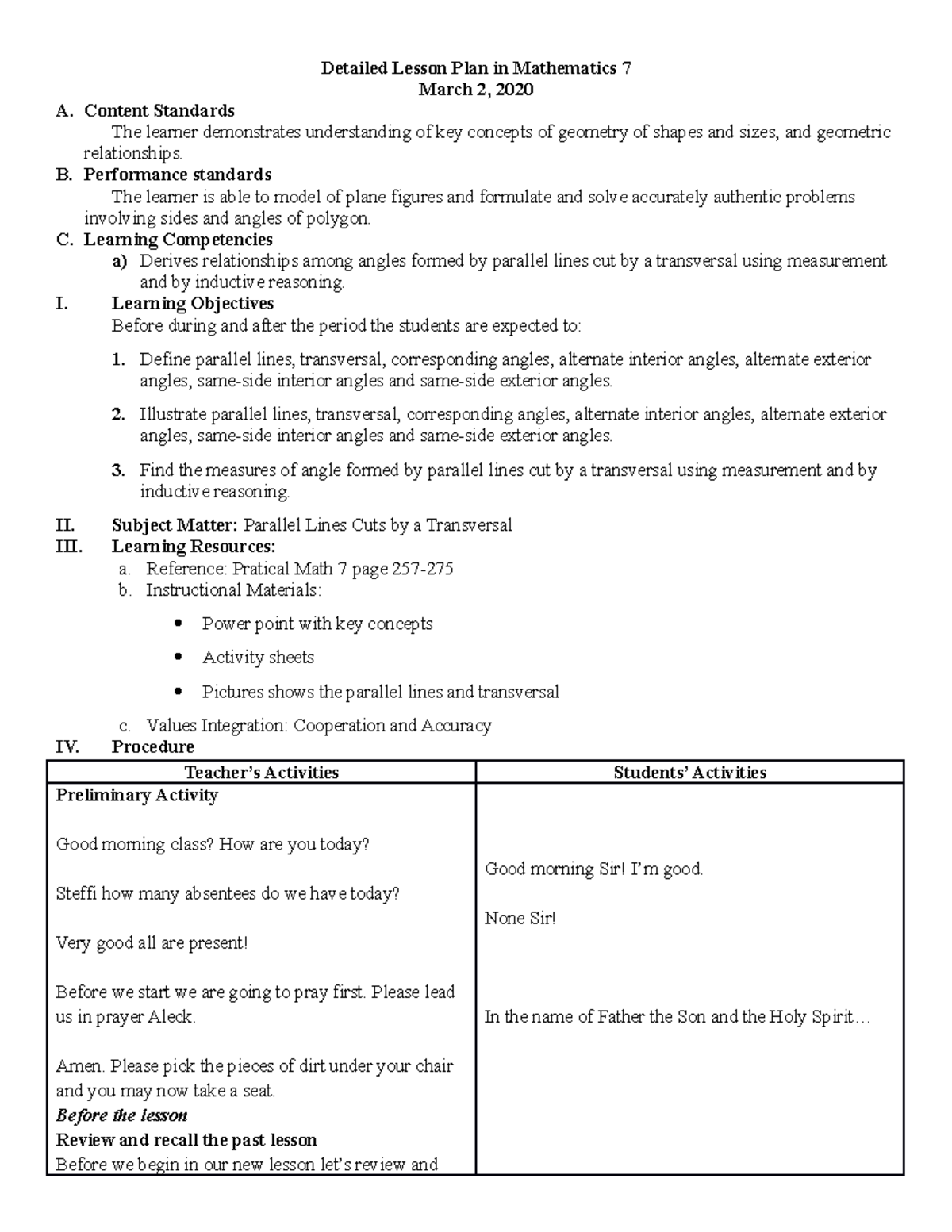 LP March 2, 2020 - Lesson Plan in Mathematics - Detailed Lesson Plan in ...