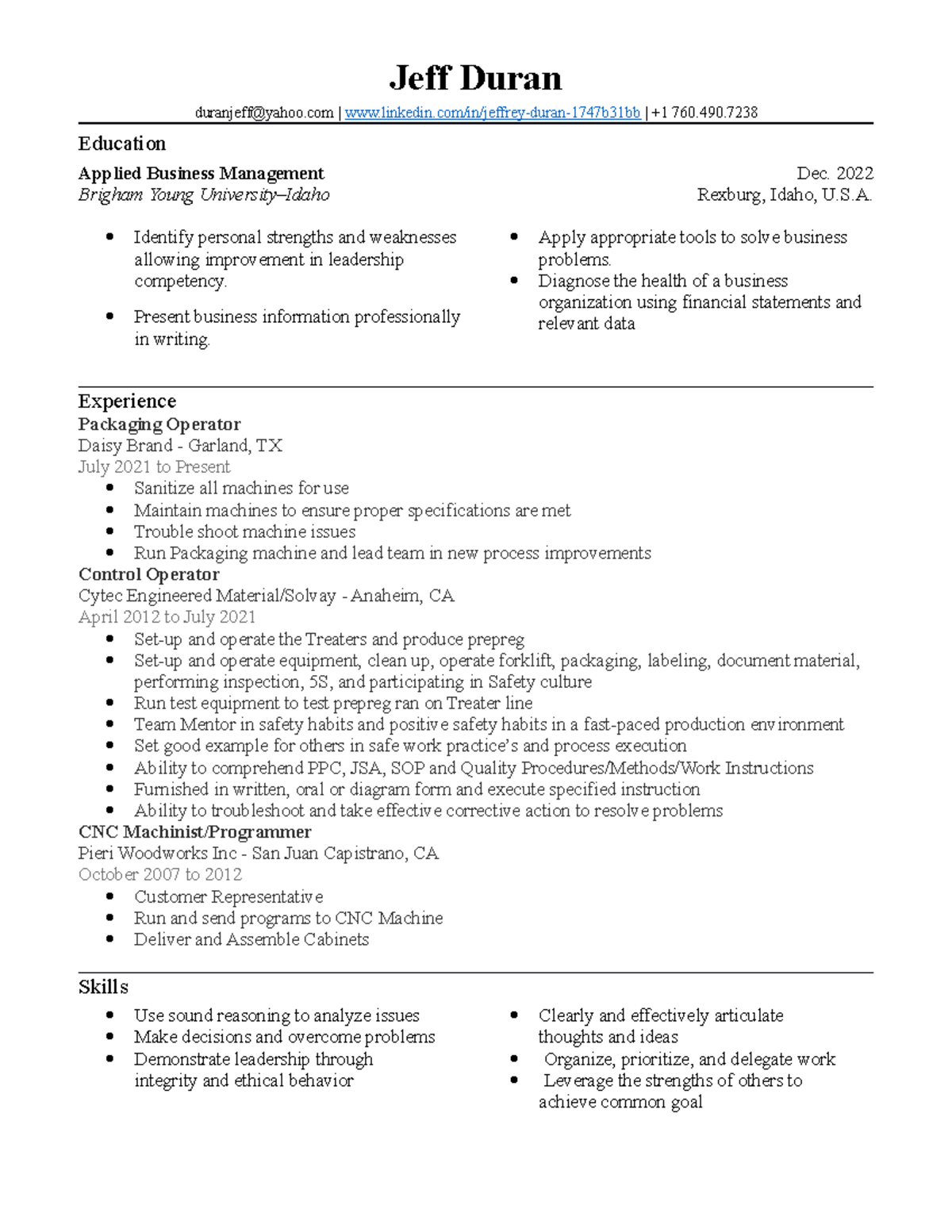 Jeffrey Duran Resume byui by Peer Review - Jeff Duran duranjeff@yahoo ...