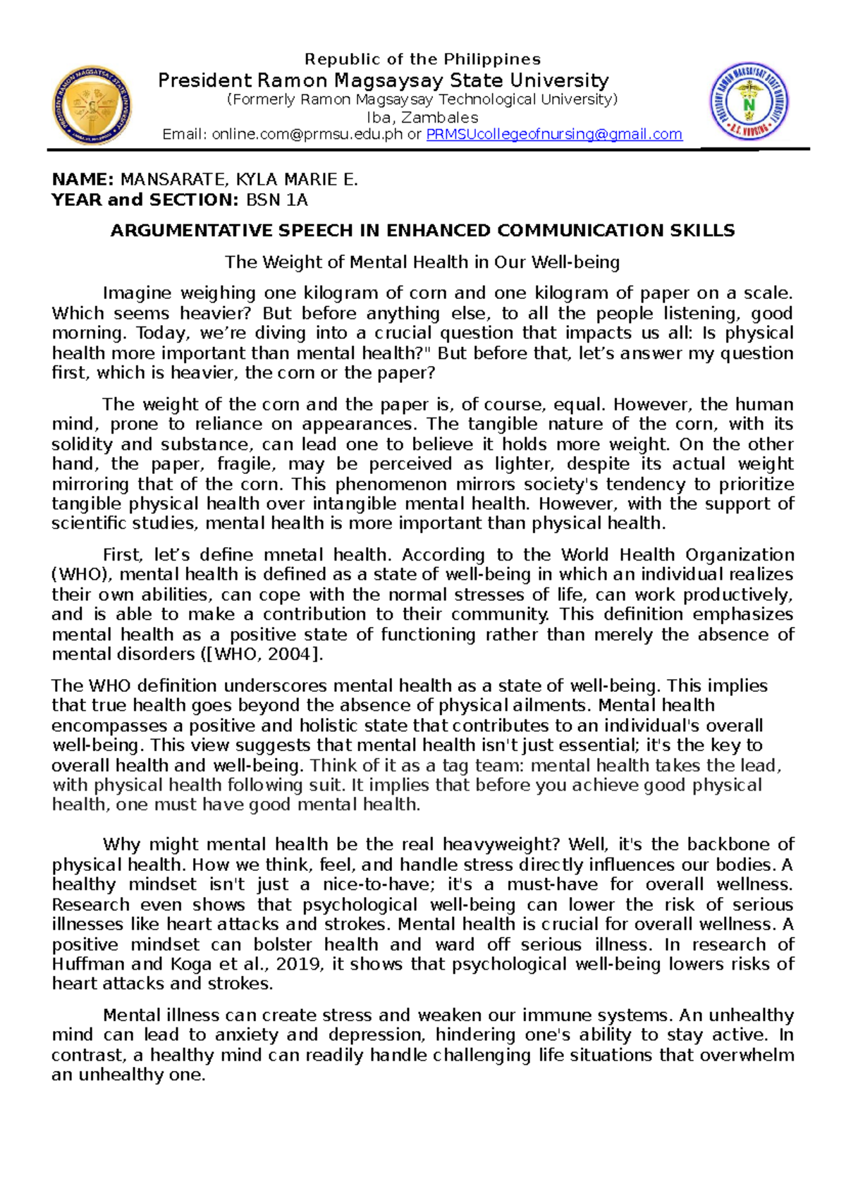 Argumentative-Speech - Republic of the Philippines President Ramon ...