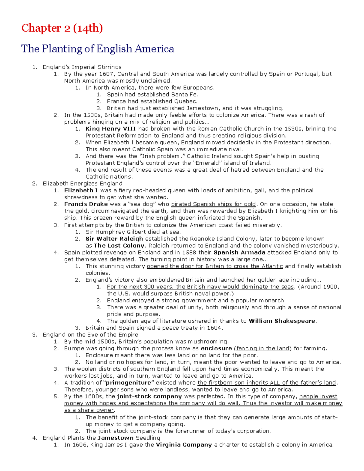 Chapter 2 notes - Chapter 2 (14th) The Planting of English America ...