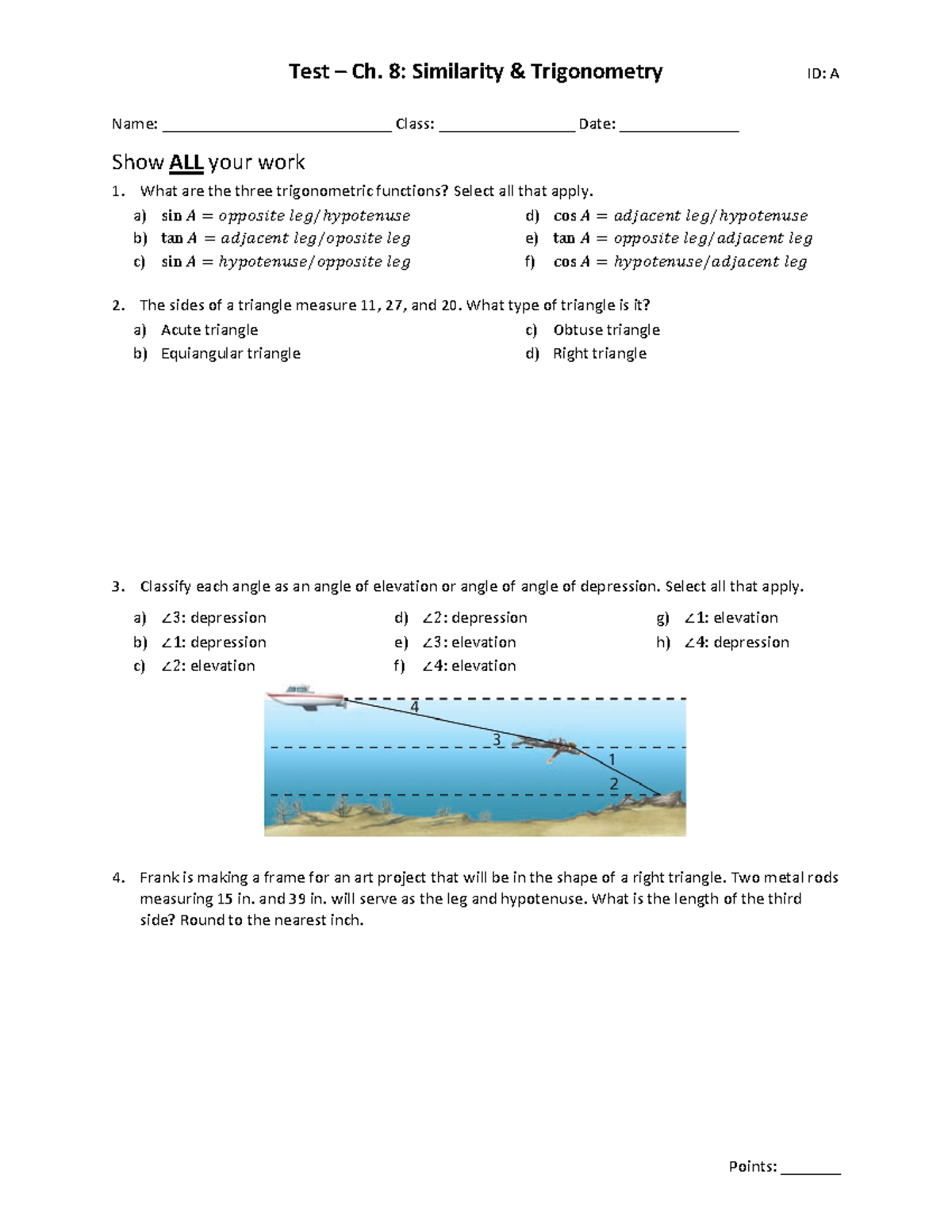 Document 12 - Math - Test – Ch. 8: Similarity & Trigonometry ID: A ...