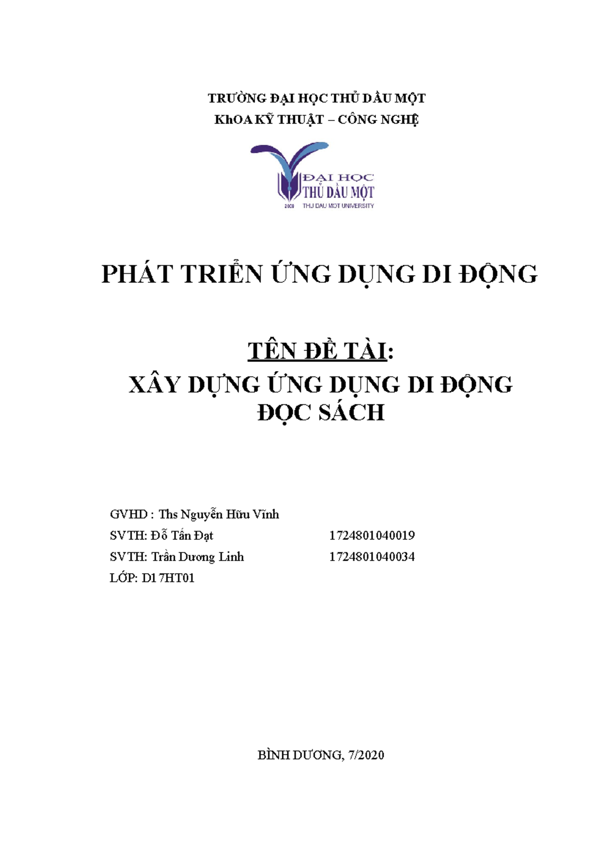 XÂy DỰng Ứng DỤng Di ĐỘng ĐỌc SÁch TrƯỜng ĐẠi HỌc ThỦ DẦu MỘt Khoa KỸ